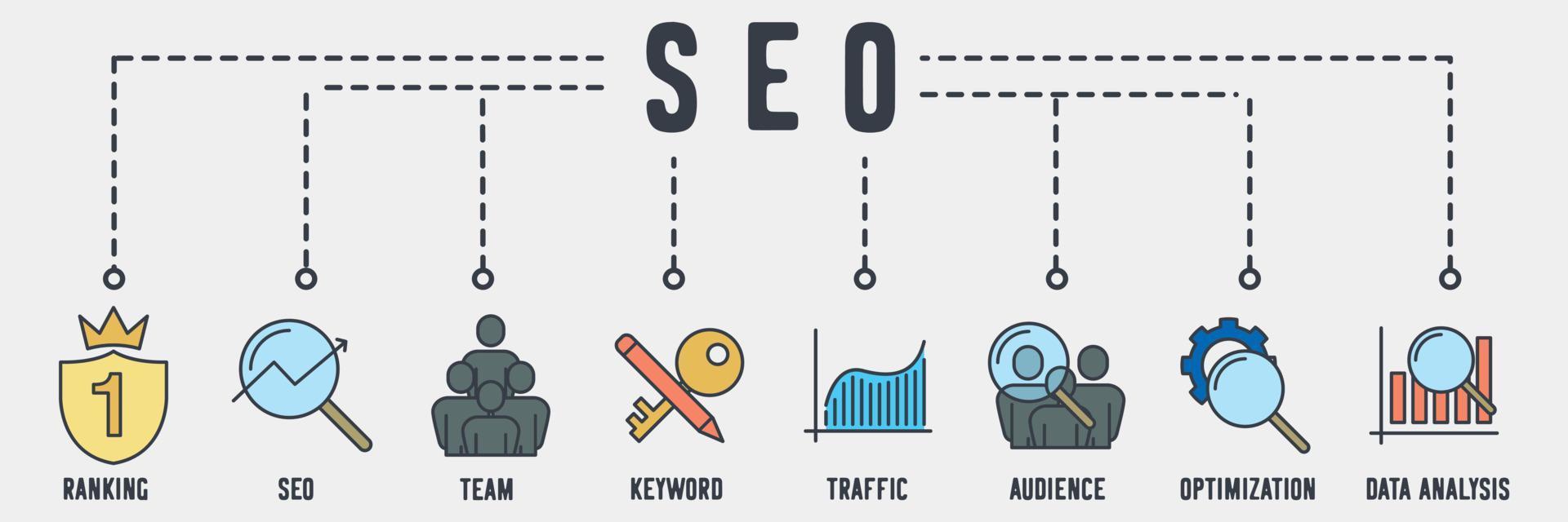 SEO optimization banner web icon. ranking, seo, team building, keyword ...