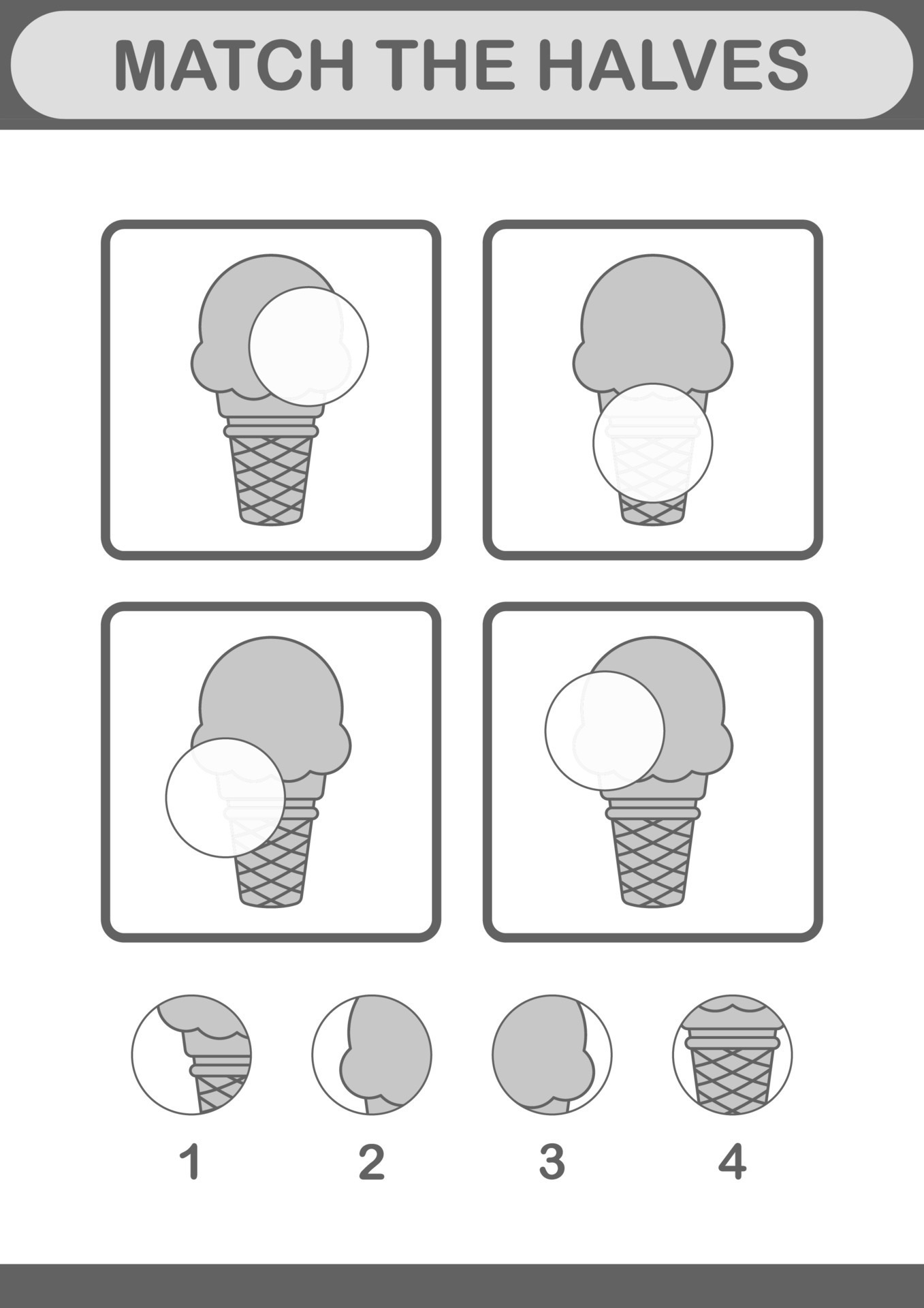 Match halves of Ice Cream. Worksheet for kids 8690679 Vector Art at ...