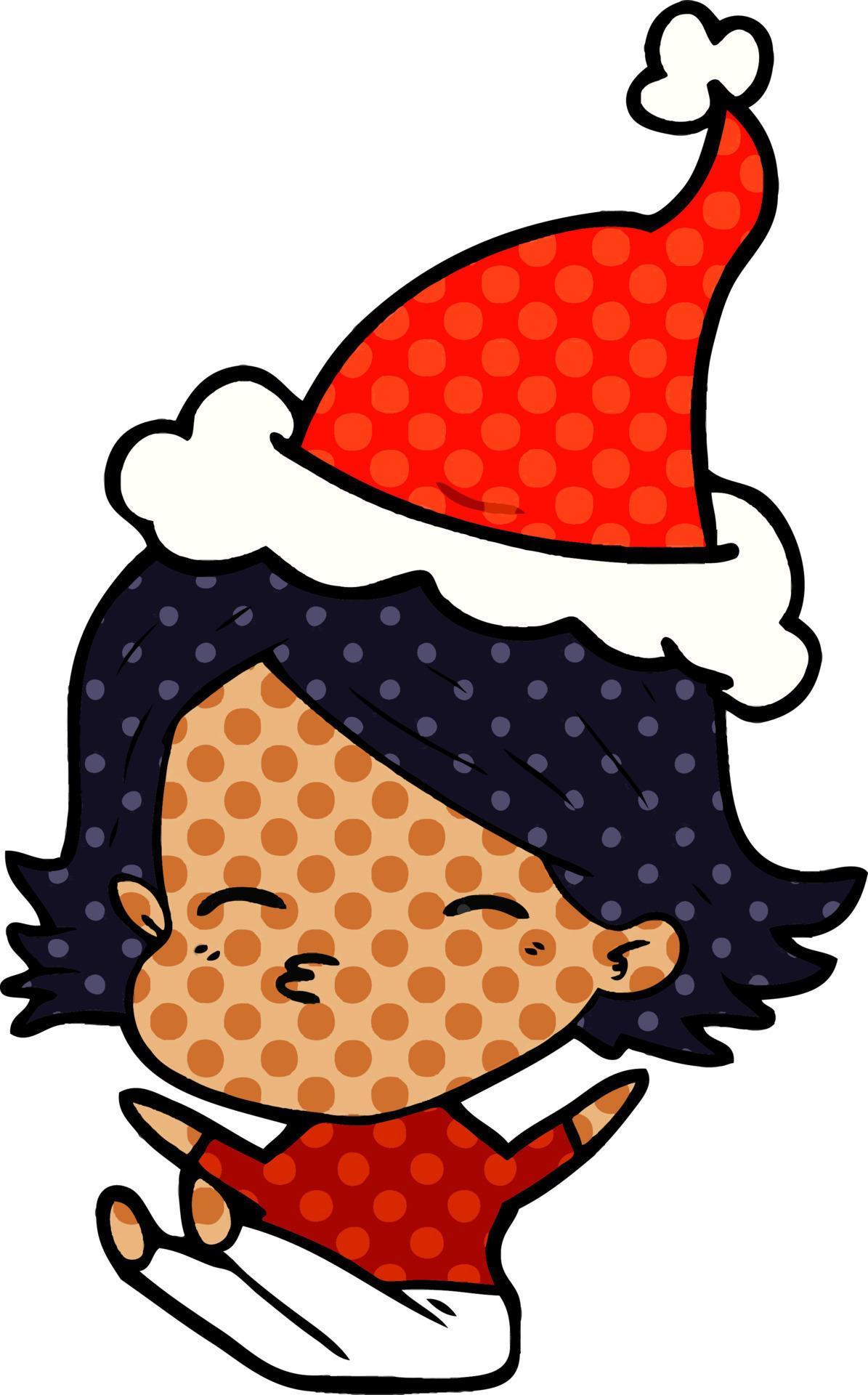 comic book style illustration of a woman sitting wearing santa hat ...
