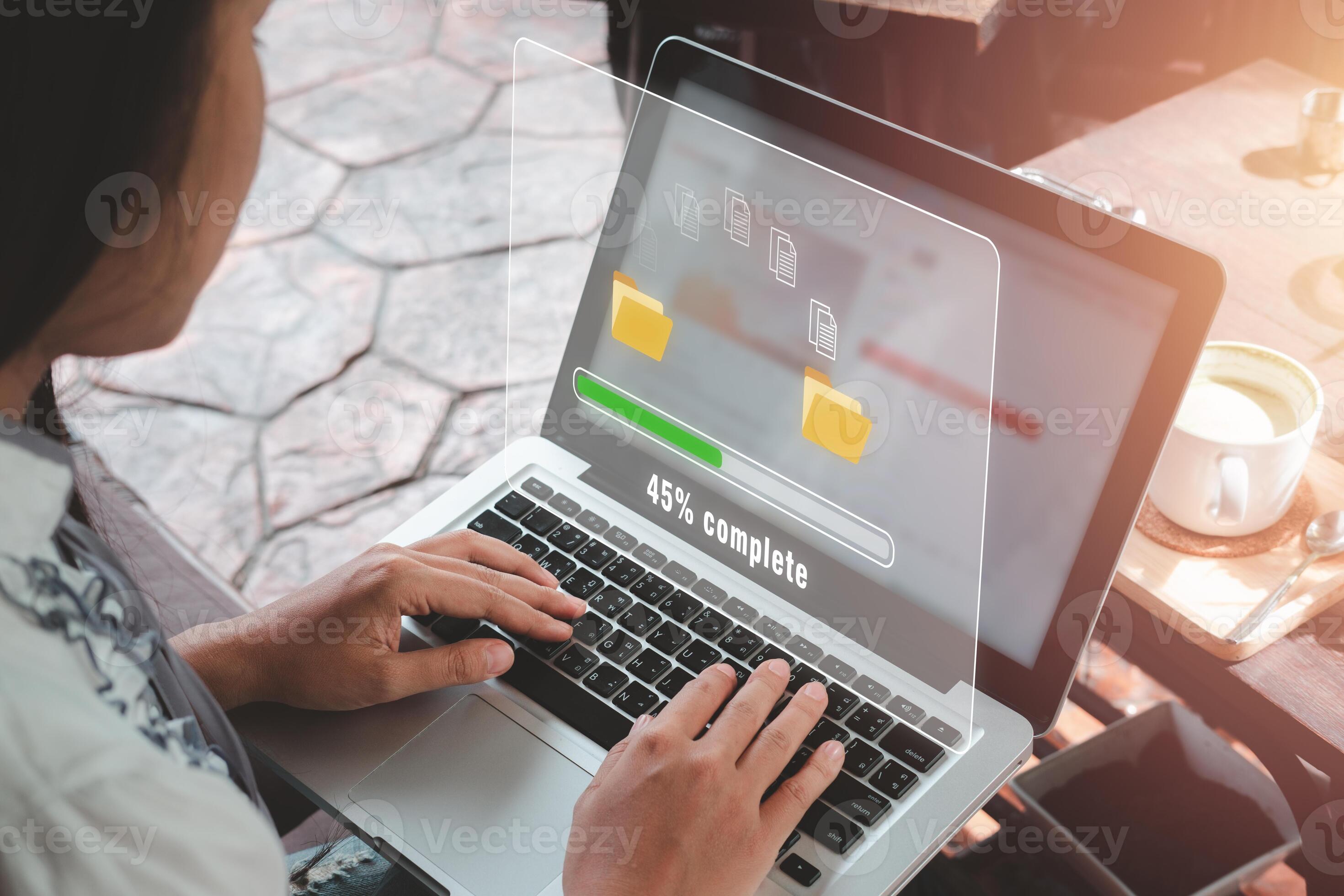 Transfer files data system relocation concept, Person hand using laptop ...