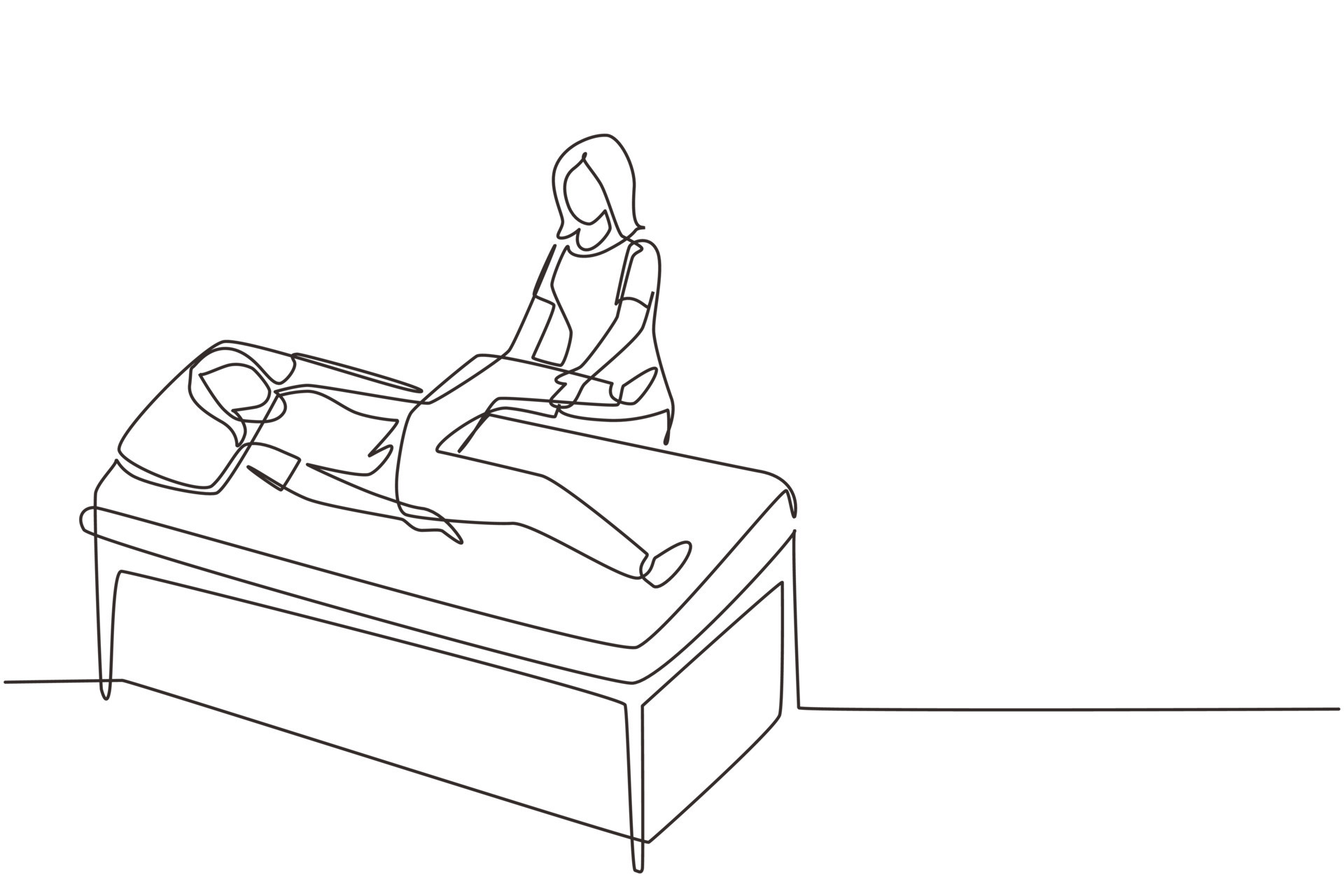Single Continuous Line Drawing Woman Lying On Massage Table Professional Masseur Therapist Doing