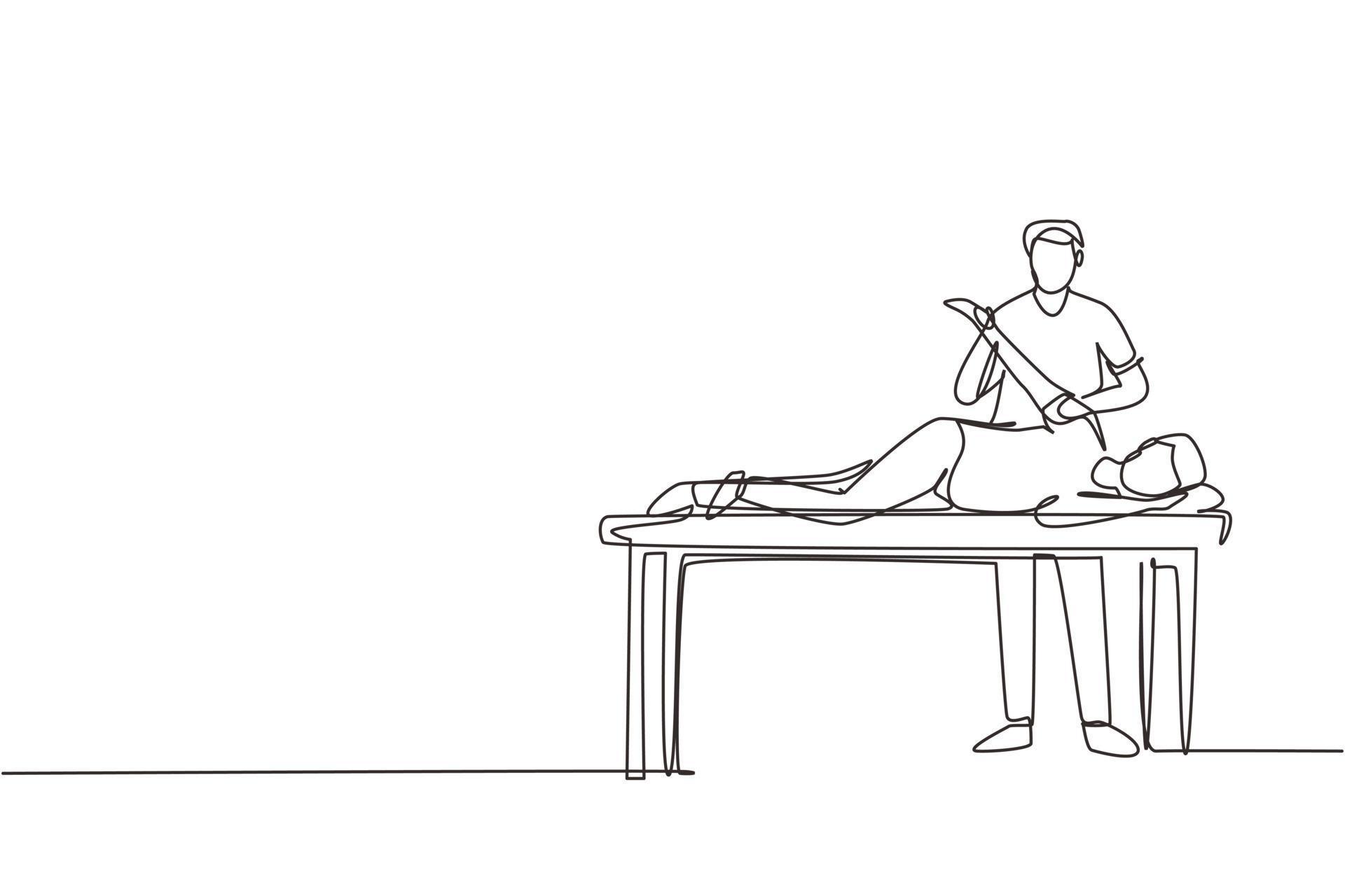 Single One Line Drawing Man Patient Lying On Massage Table Therapist Doing Healing Treatment