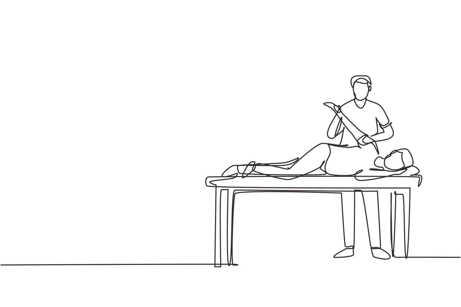 Single One Line Drawing Man Patient Lying On Massage Table Therapist