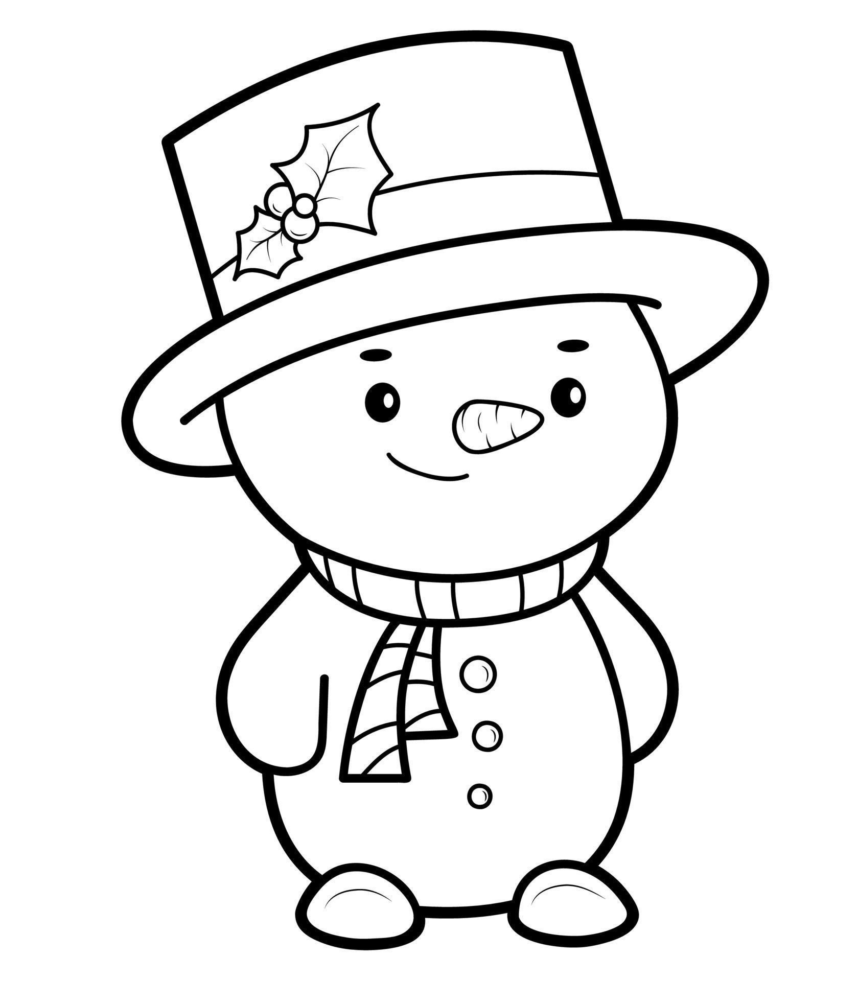 Christmas coloring book or page. Snowman black and white vector ...