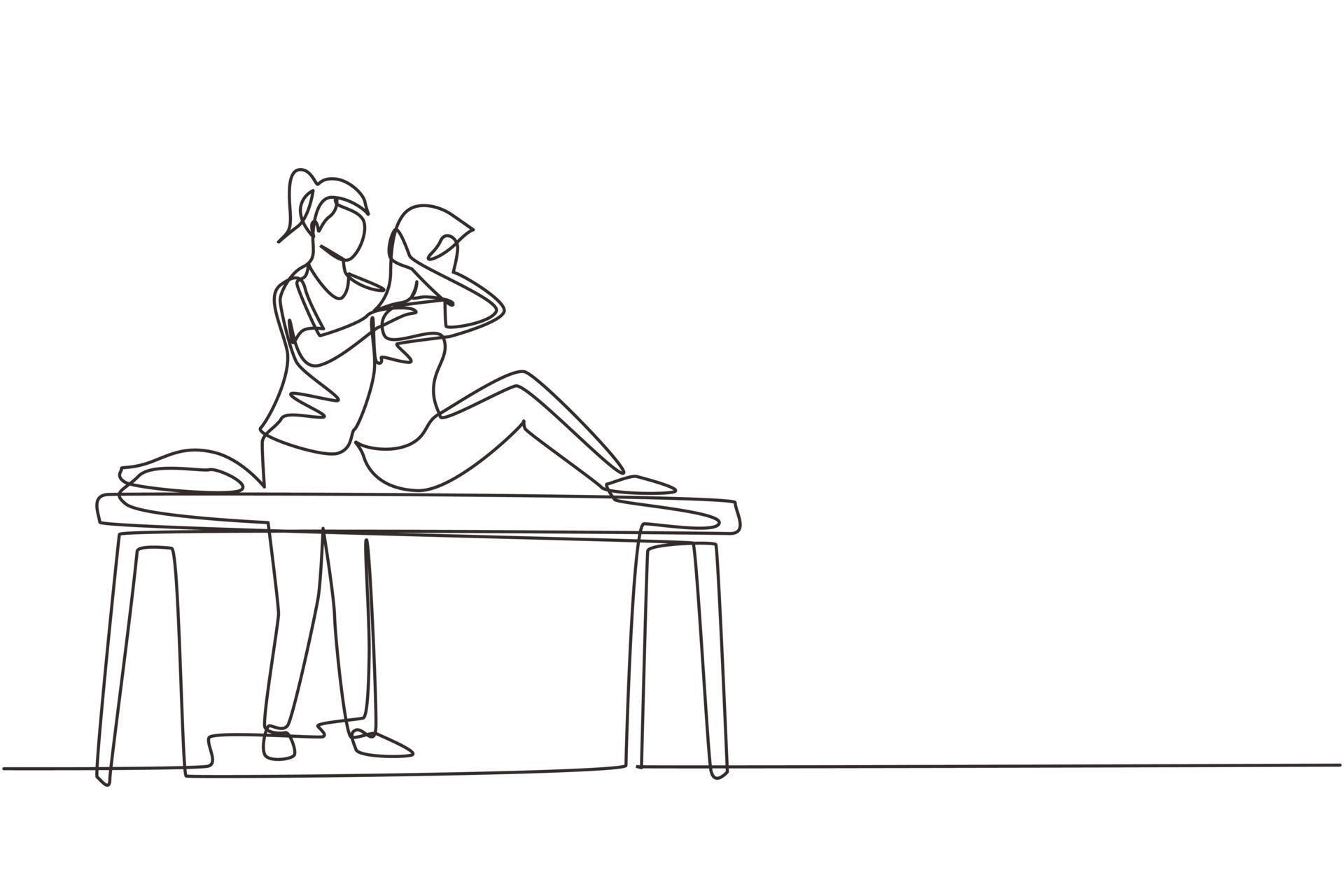 Single One Line Drawing Woman Sitting On Massage Table Masseur Doing Healing Treatment Massaging