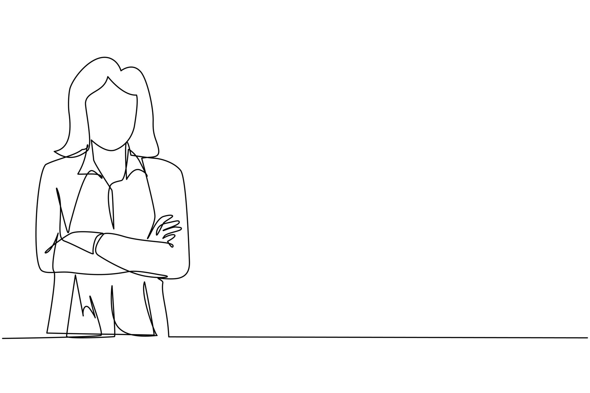 Single Continuous Line Drawing Smiling Confident Young Woman In Shirt Keeping Arms Crossed