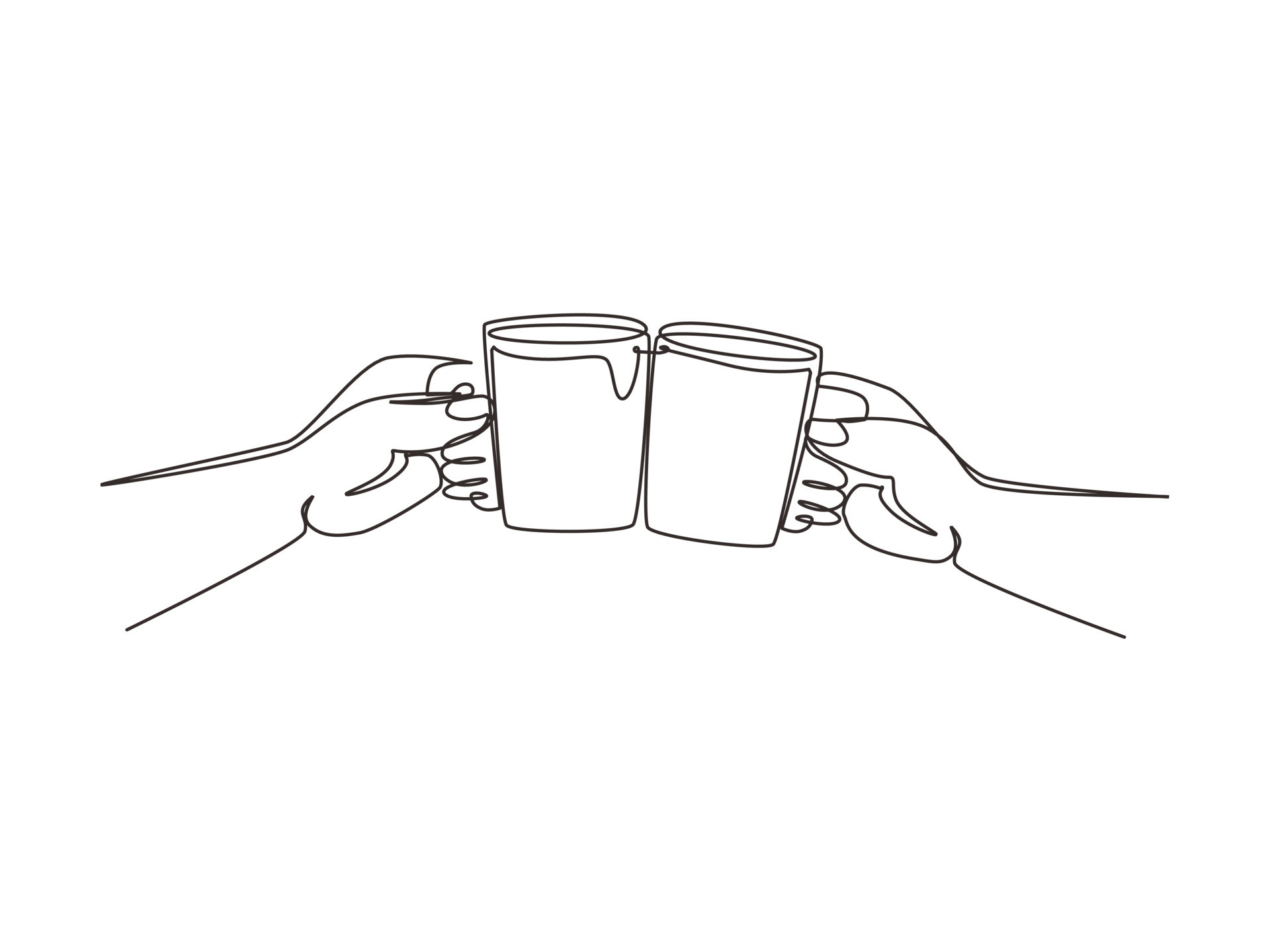 Continuous One Line Drawing Close Up Cropped Of Woman Man Two Hands Horizontal Holding Cups Of