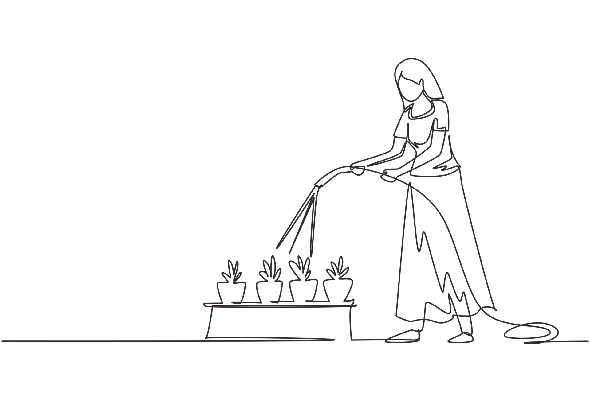 Continuous One Line Drawing Young Woman Watering Potted Plants With