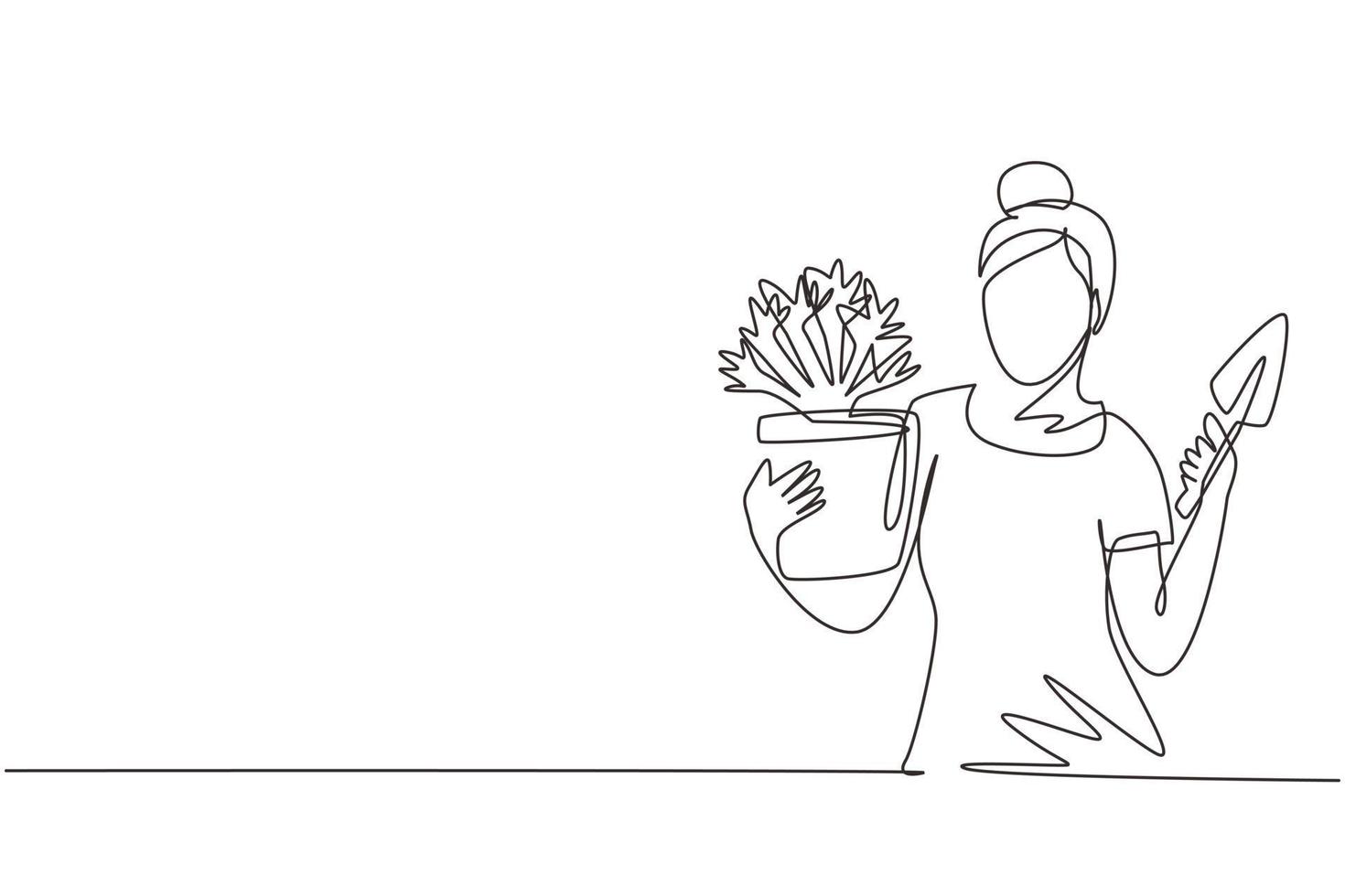 Single Continuous Line Drawing Young Woman Gardener Beautiful Lady