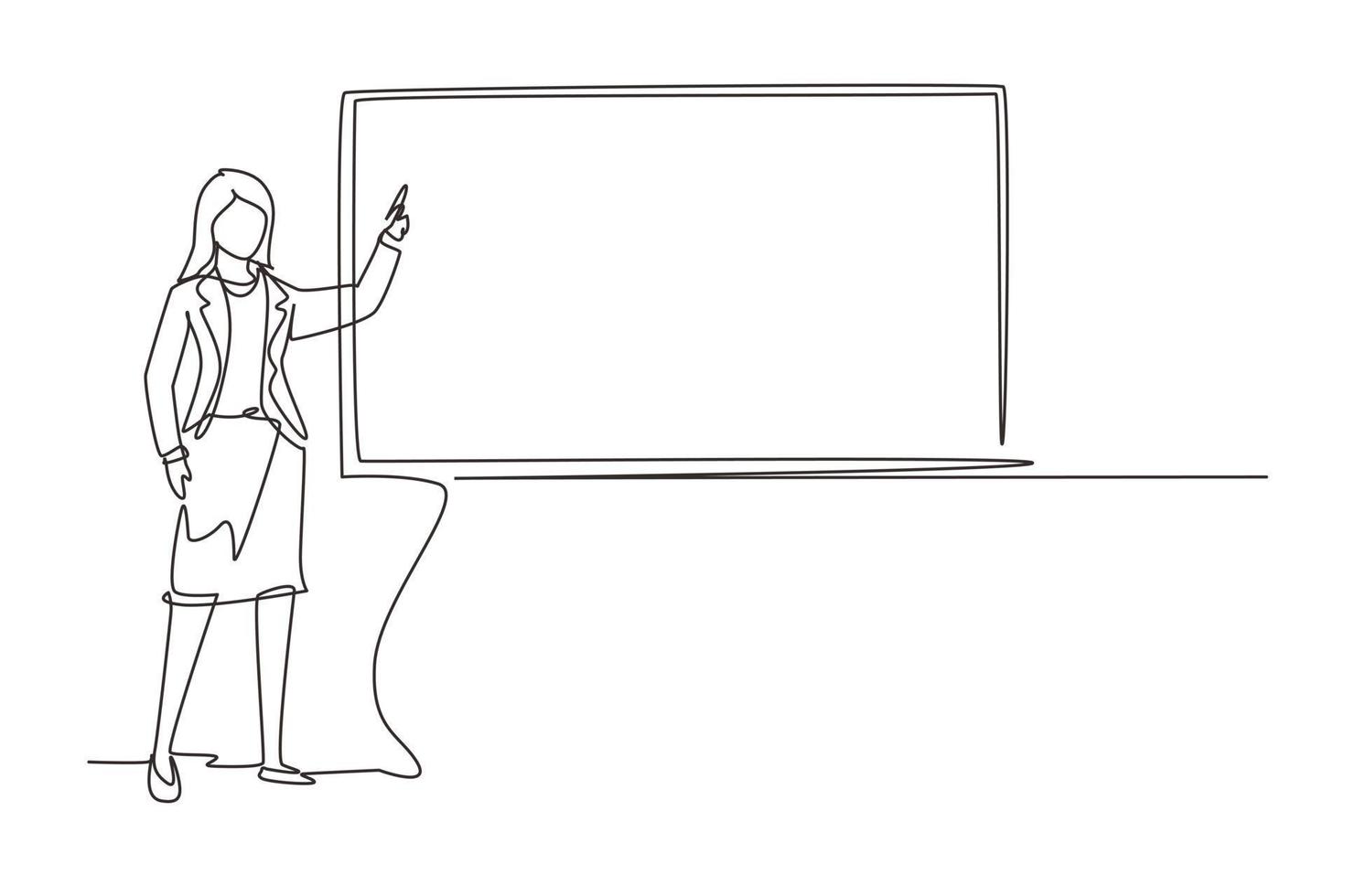 Continuous One Line Drawing Woman Teacher Professor Standing In Front Of Blackboard Teaching