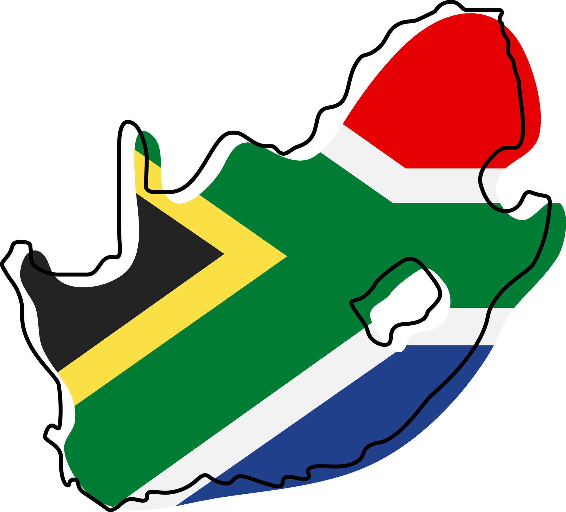 Stylized outline map of South Africa with national flag icon. Flag ...