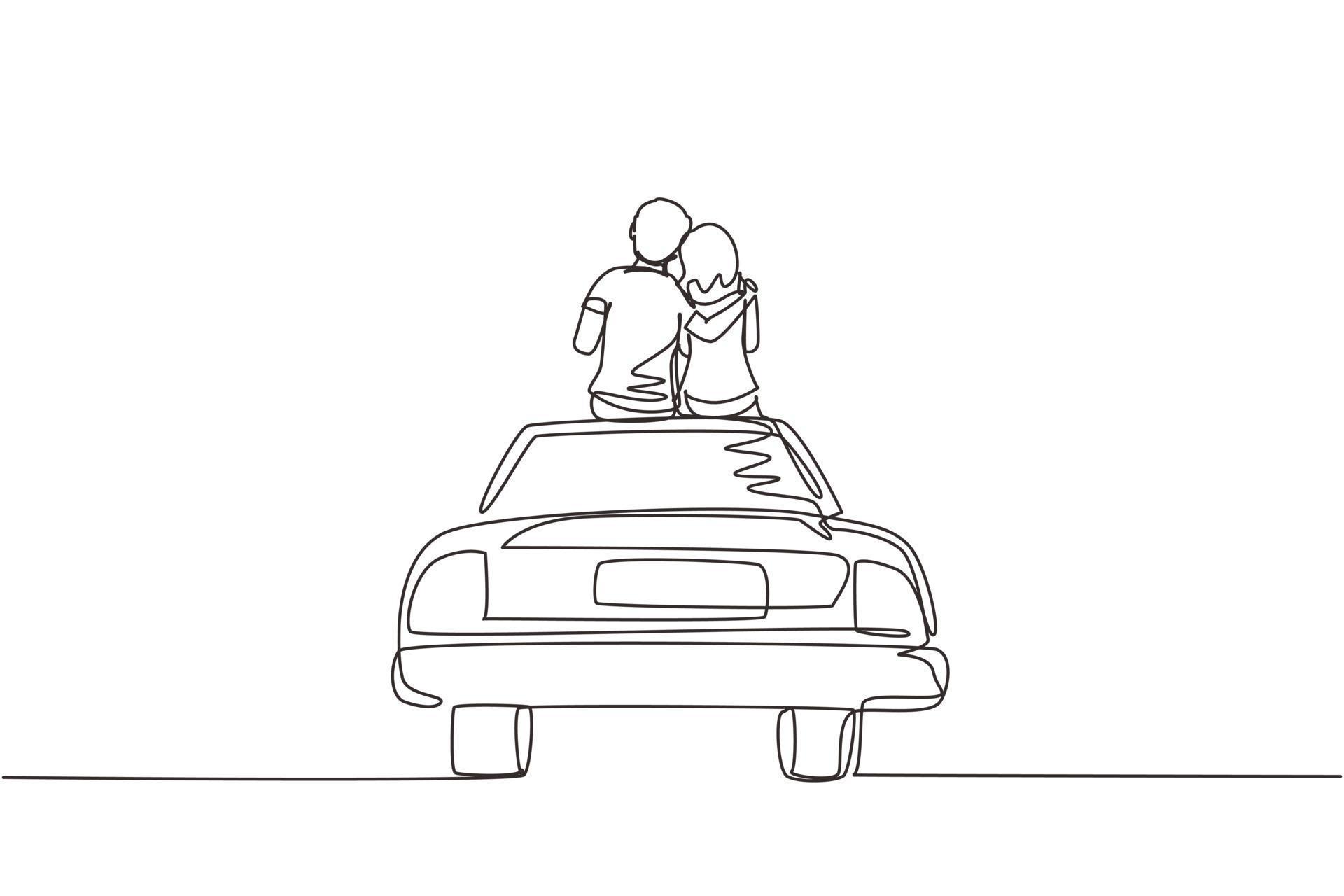 Single One Line Drawing Loving Couple Sitting On The Vintage Car Happy