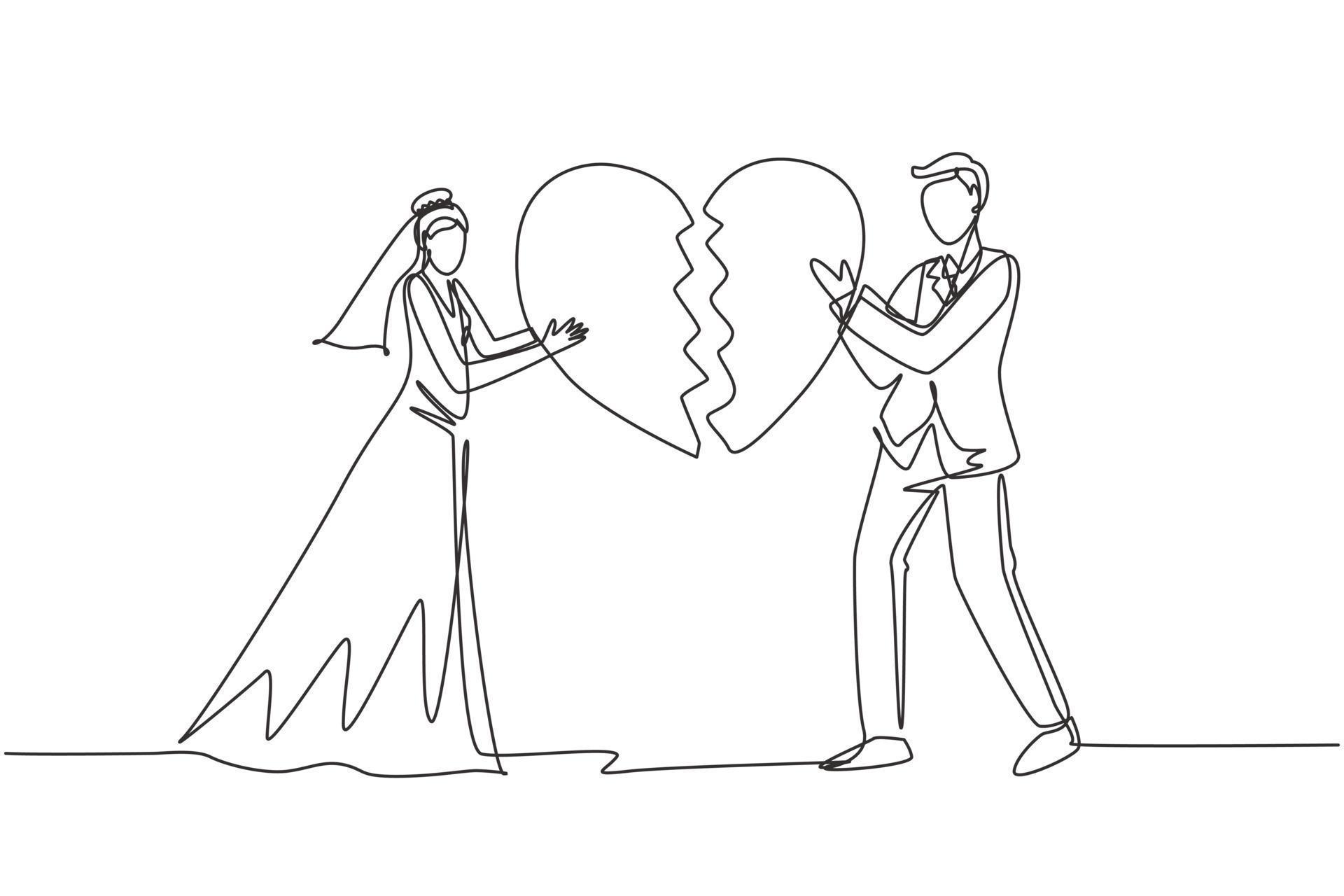 Continuous One Line Drawing Heartbroken Married Couple Parting Divorce