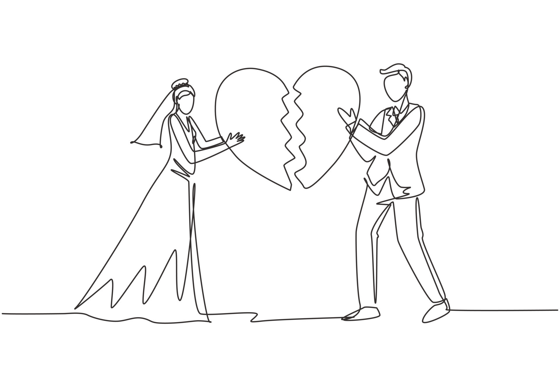 Continuous One Line Drawing Heartbroken Married Couple Parting Divorce