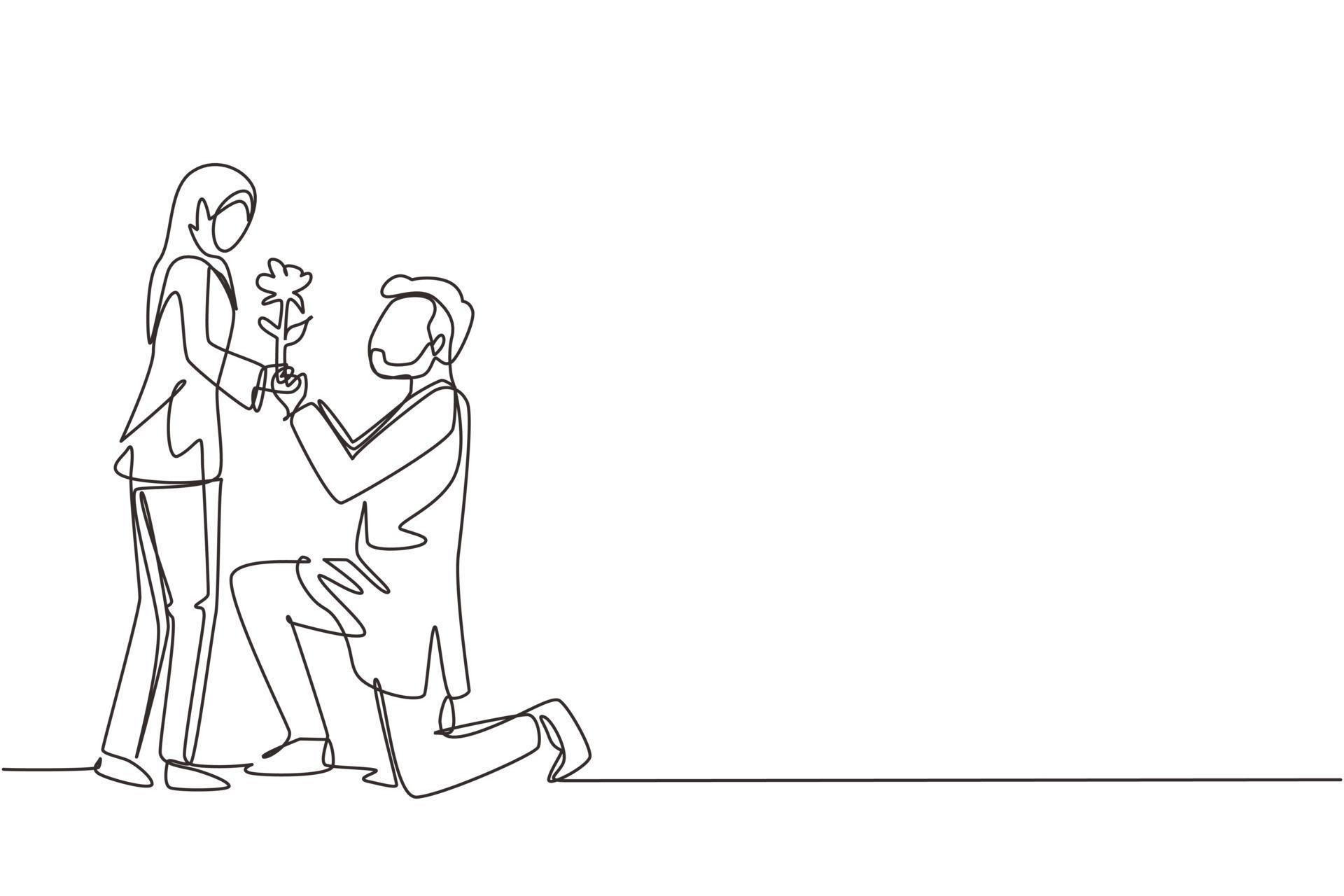 Continuous One Line Drawing Arab Man On Knee Gives Flowers To Woman