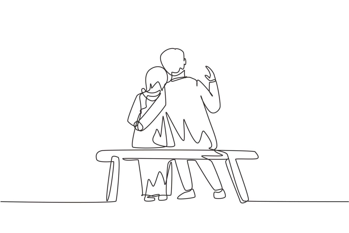 Continuous one line drawing embracing Arabian couple sitting on bench ...