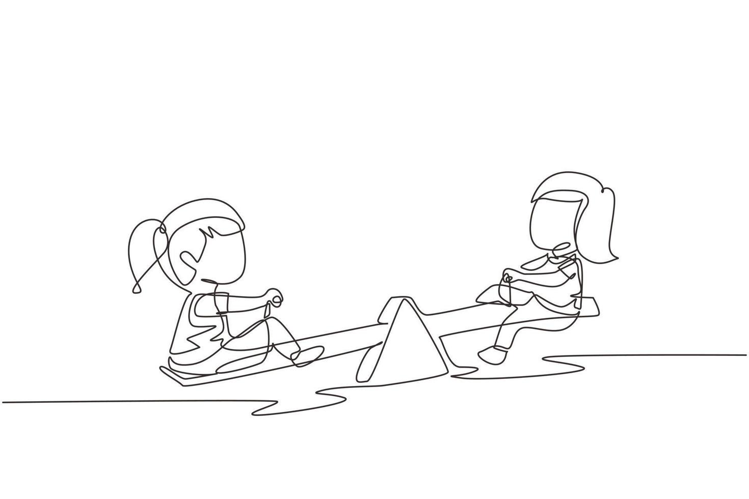 Continuous one line drawing two little girls swinging on seesaw. Kids ...