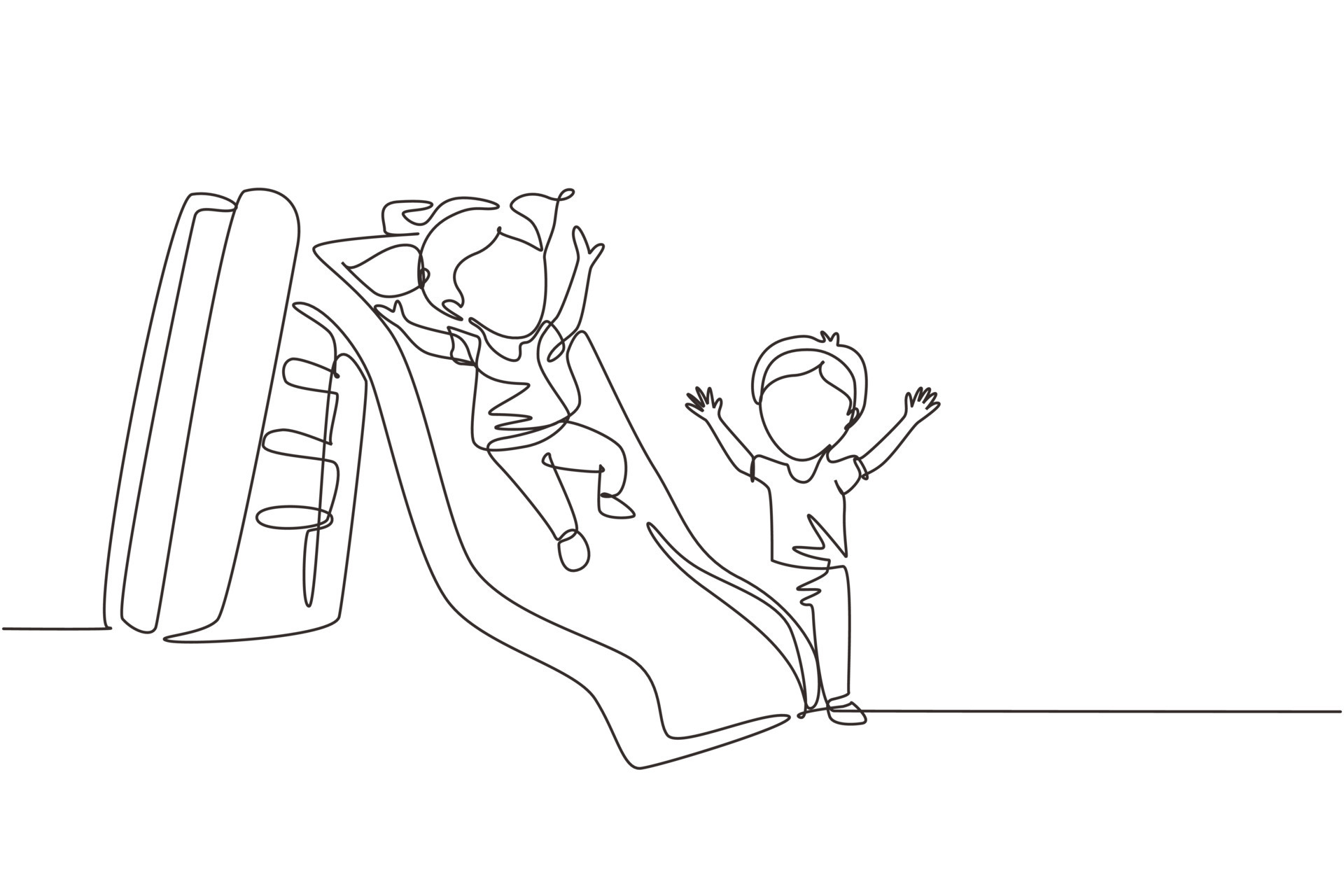Single one line drawing preschool kids playing together in kindergarten ...