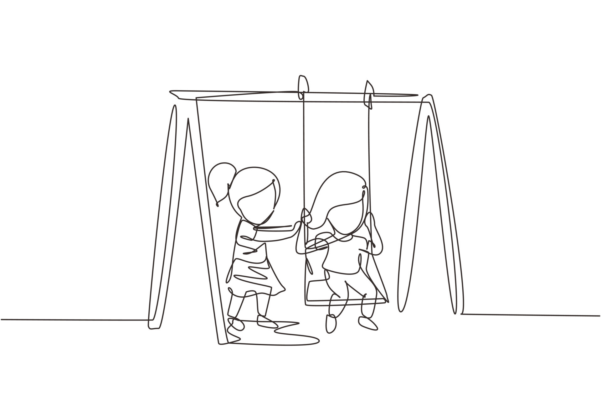 Single one line drawing cute little girl swinging on swing and her ...