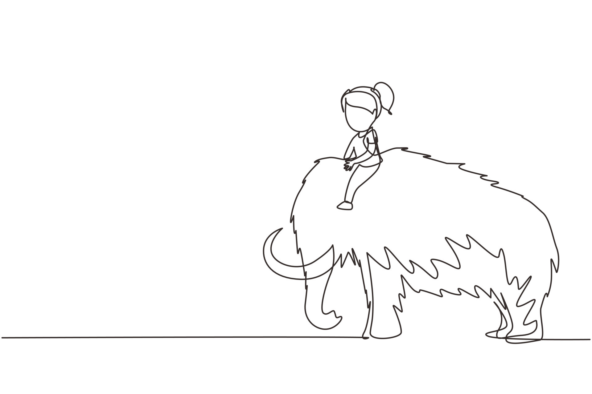 dibujo de una sola línea continua niña cavernícola montando mamut ... dibujo de una sola línea continua niña cavernícola montando mamut ...