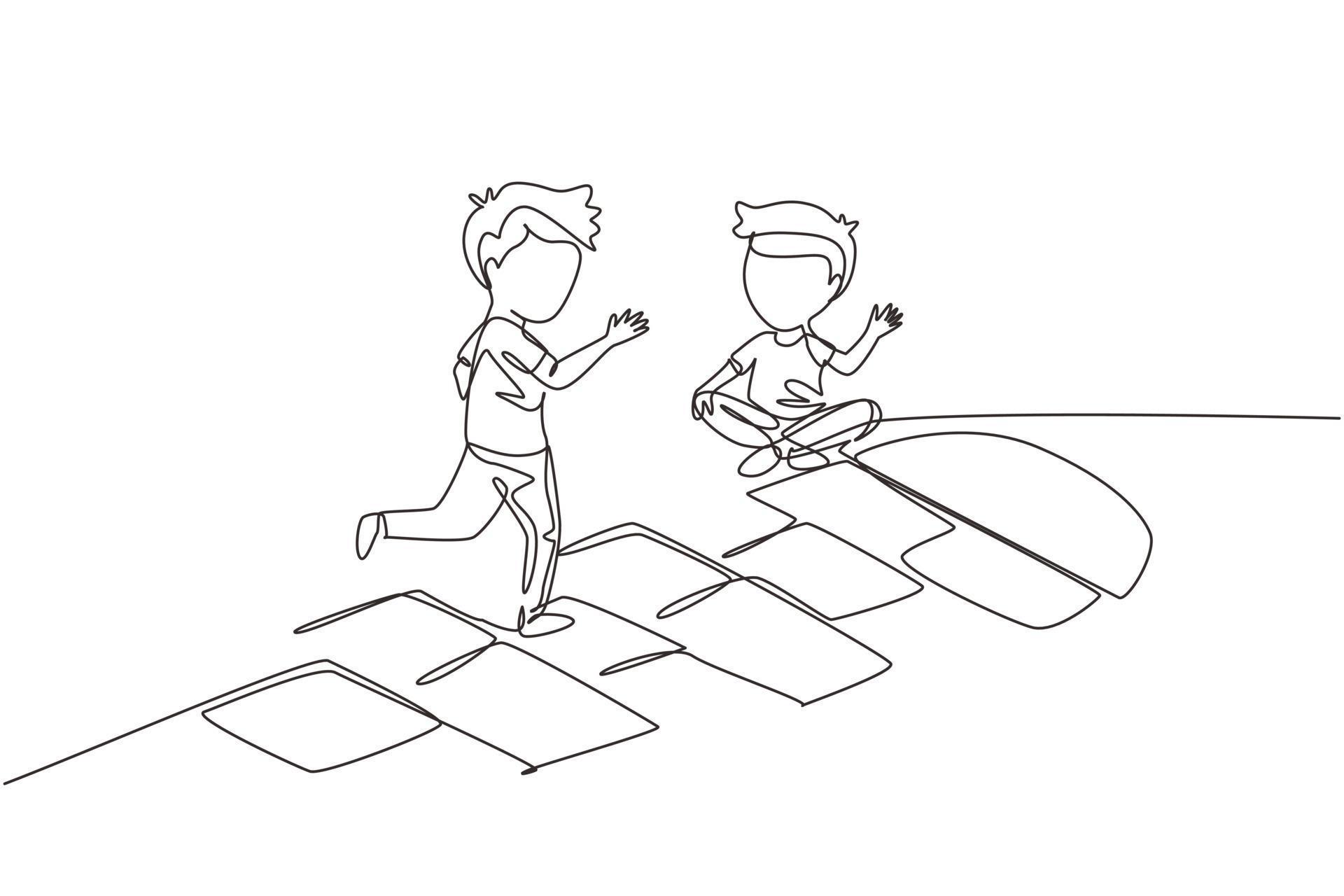Single continuous line drawing two little boys playing hopscotch at ...