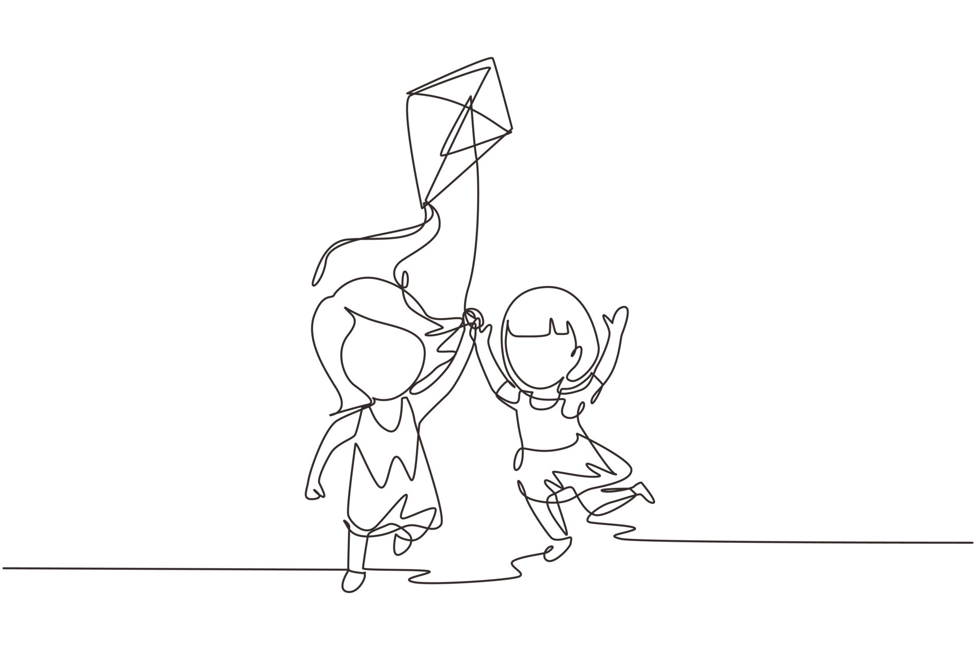 Single one line drawing two girl playing to fly kite up into sky at ...