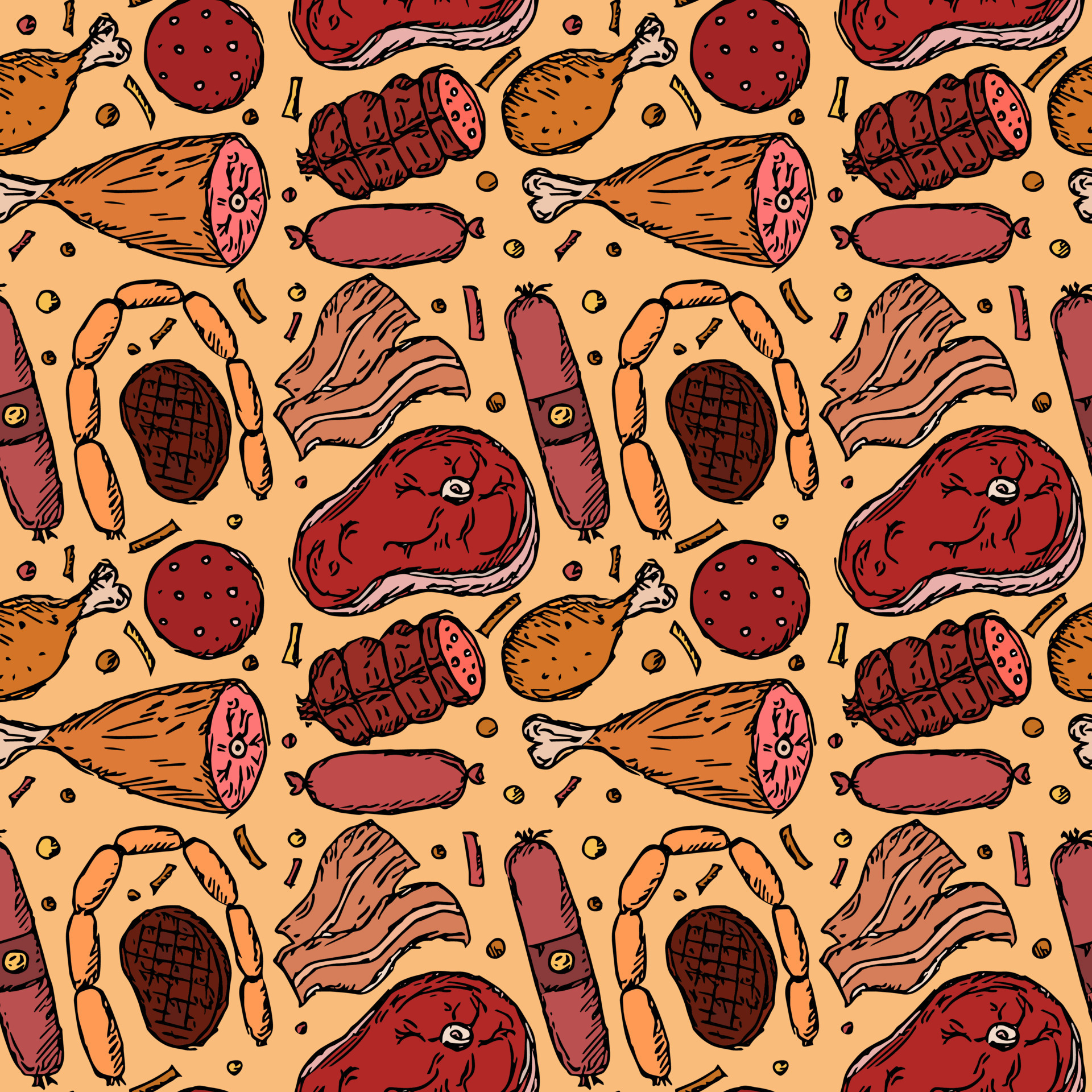 Seamless Meat Pattern Colored Meat Background Doodle Vector