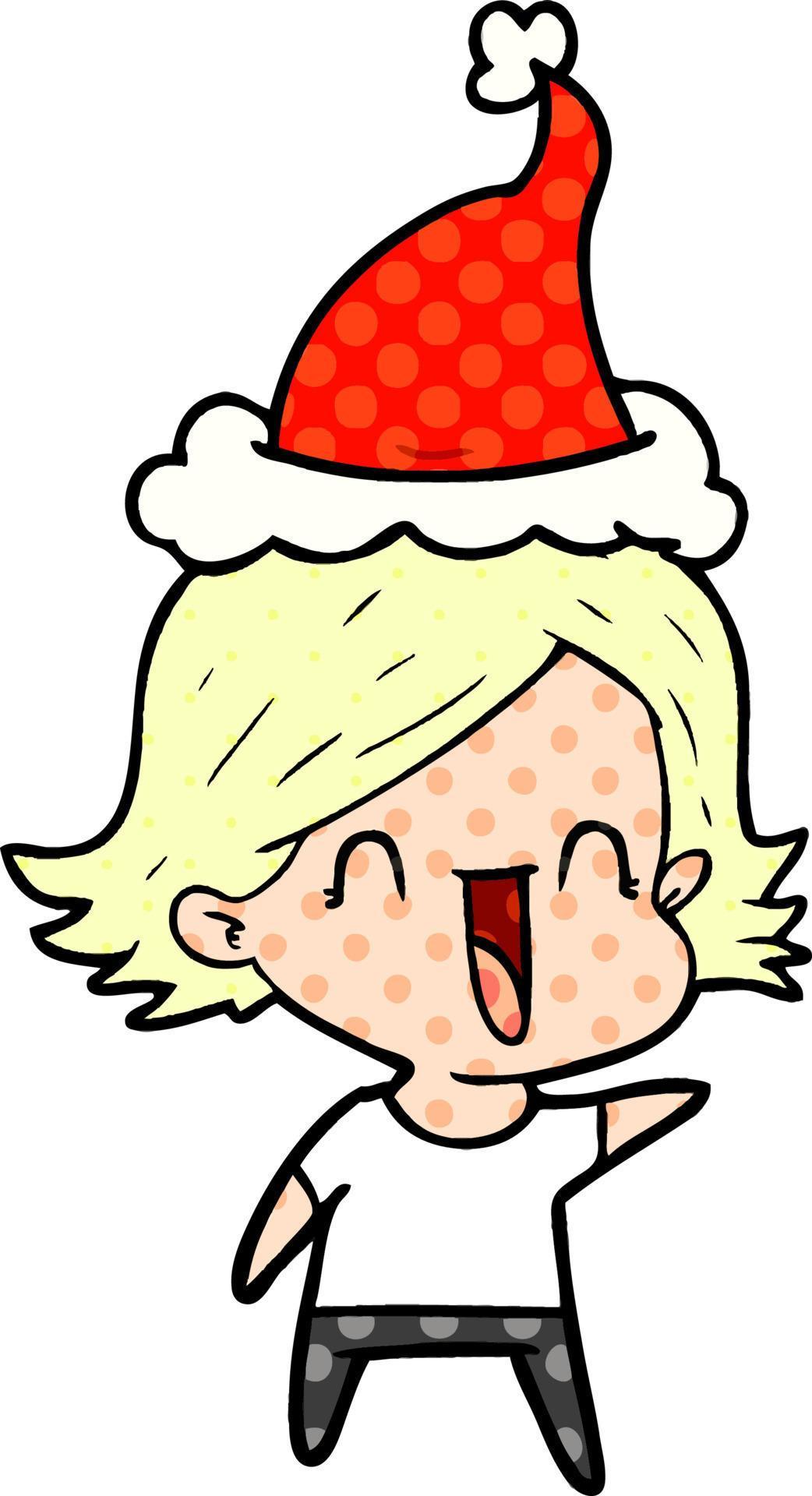 comic book style illustration of a happy woman wearing santa hat ...