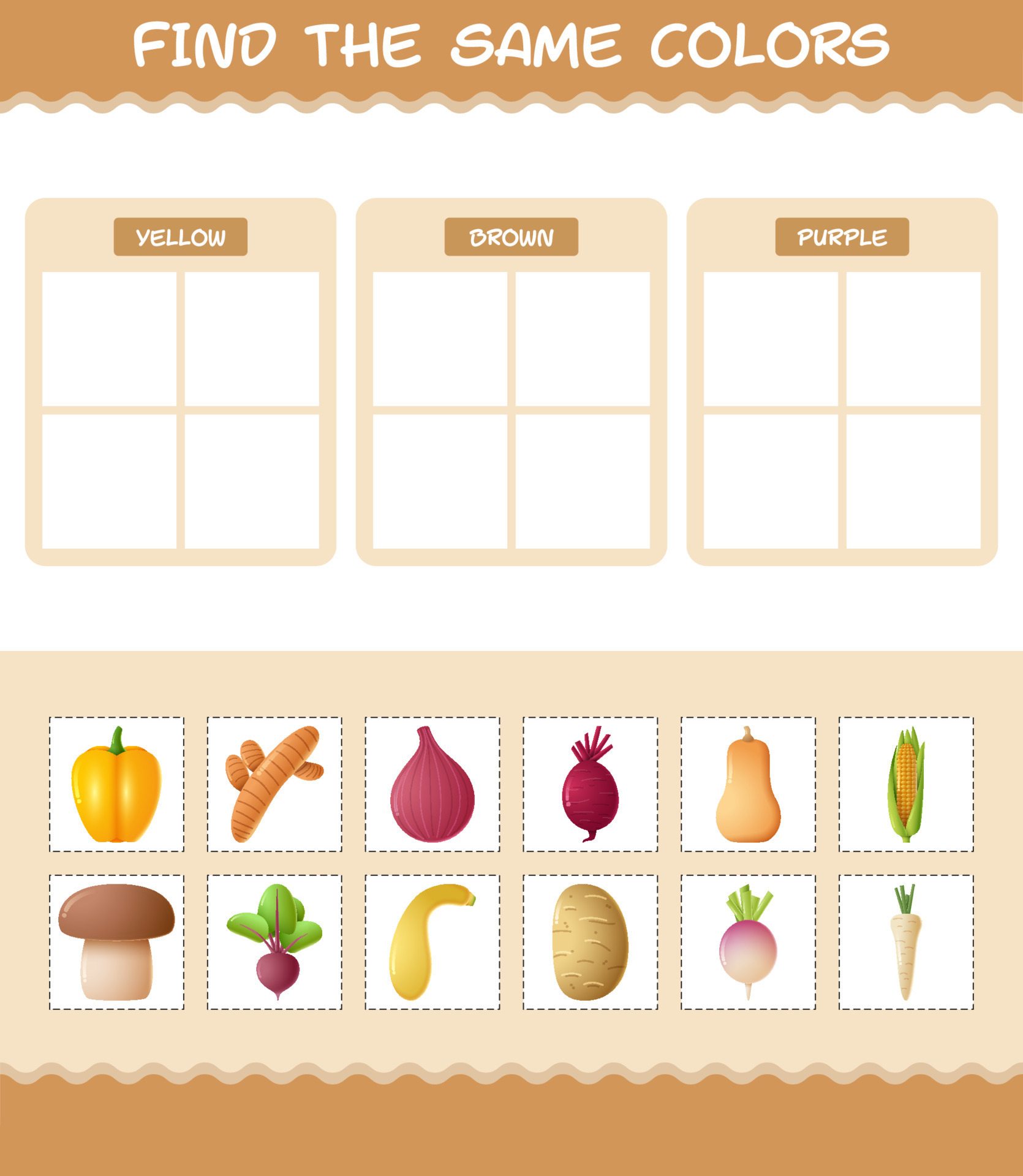 Find the same colors of vegetables. Searching and Matching game ...