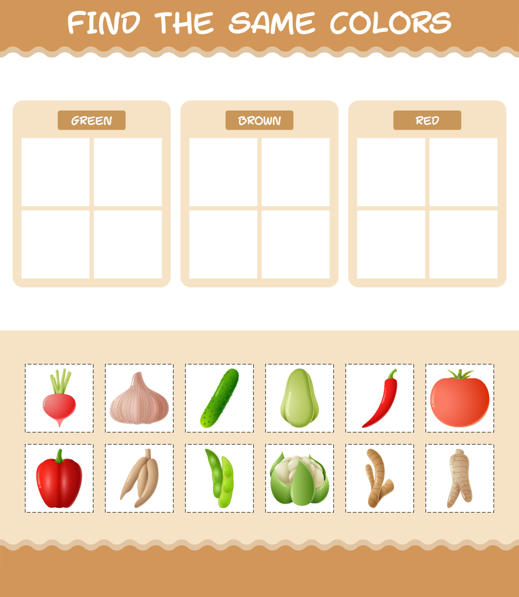 Find the same colors of vegetables. Searching and Matching game ...