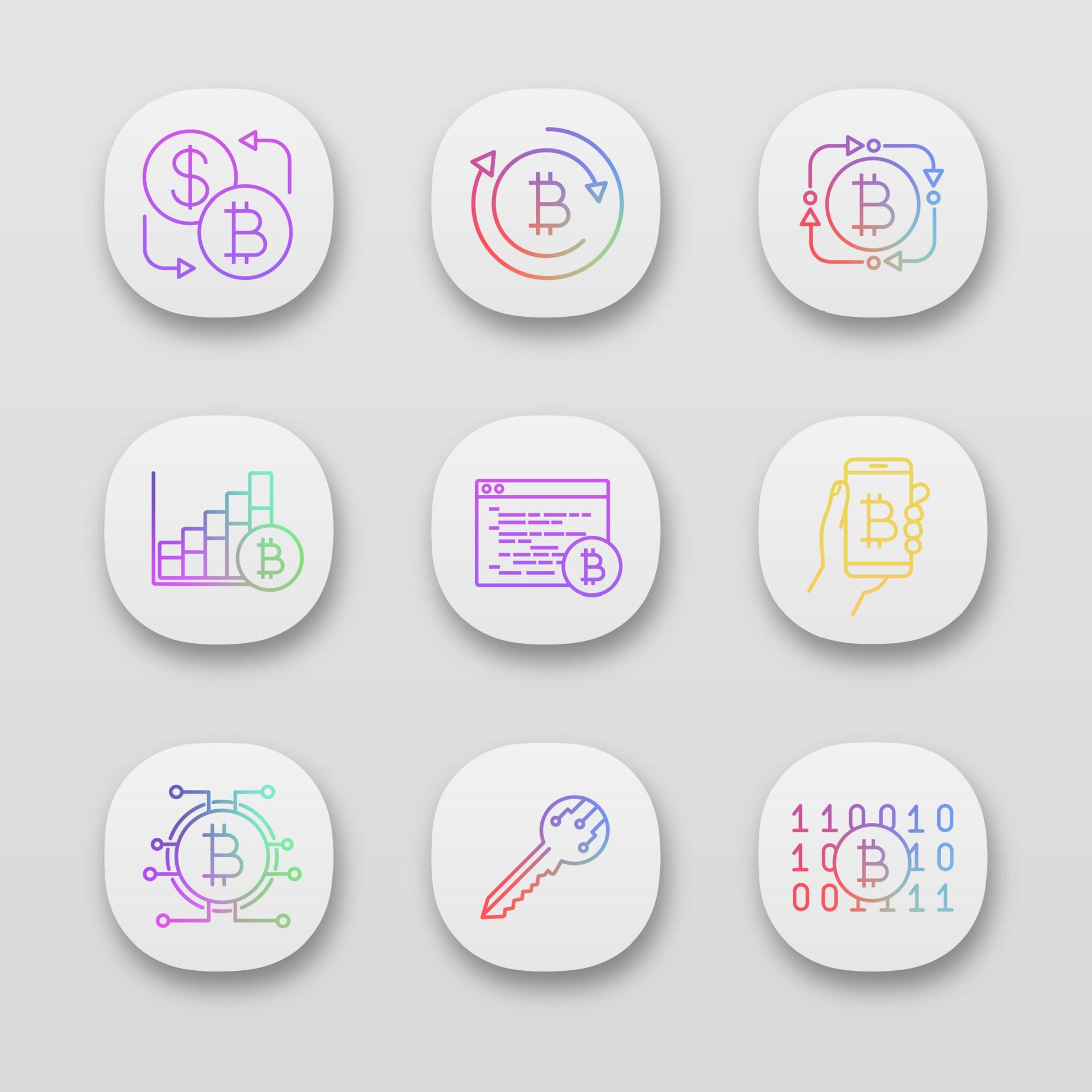 Bitcoin cryptocurrency app icons set. UI UX user interface. Bitcoin exchange, fintech, market ...