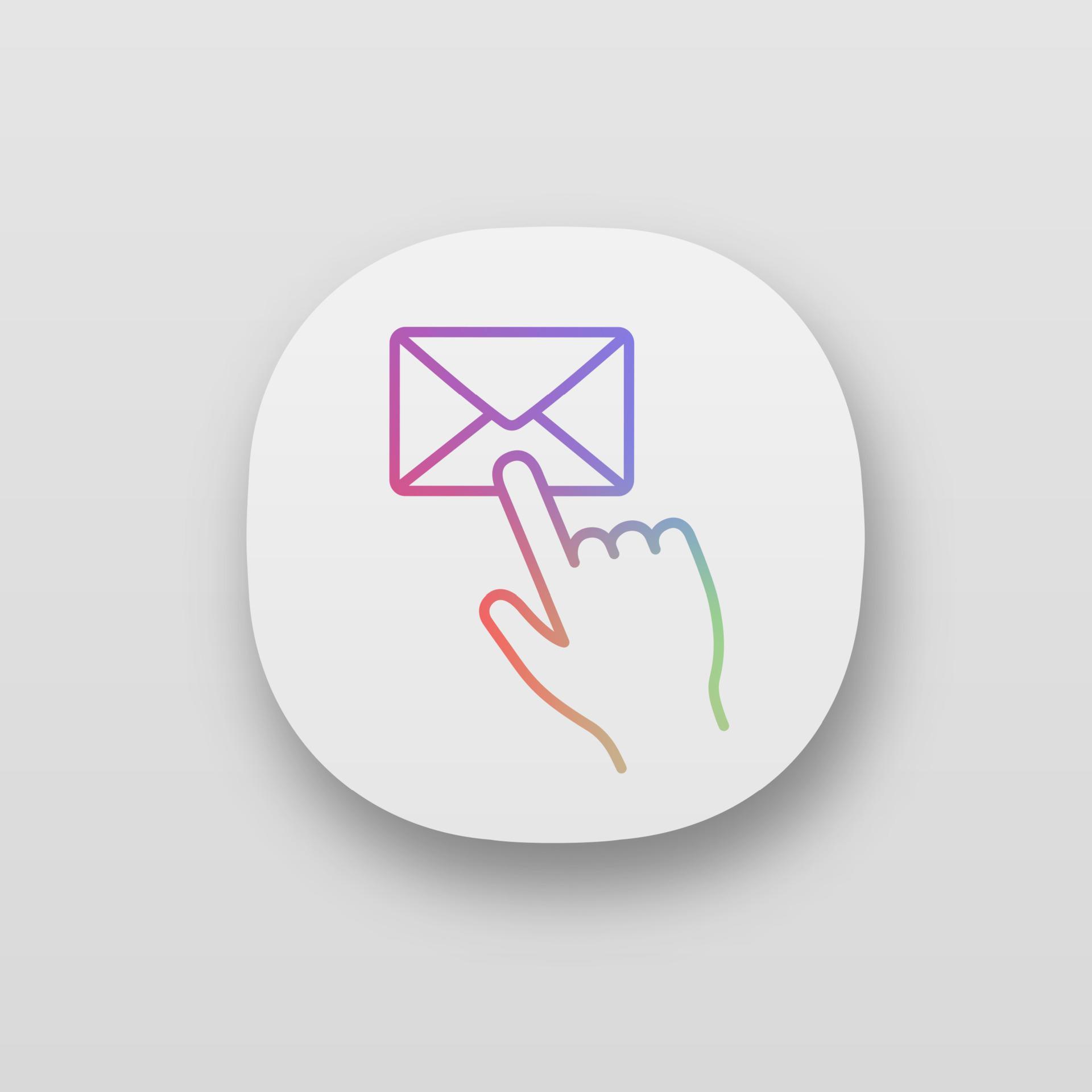 Mail button click app icon. SMS. Email app. Messenger. Hand pressing email button. UI UX user ...
