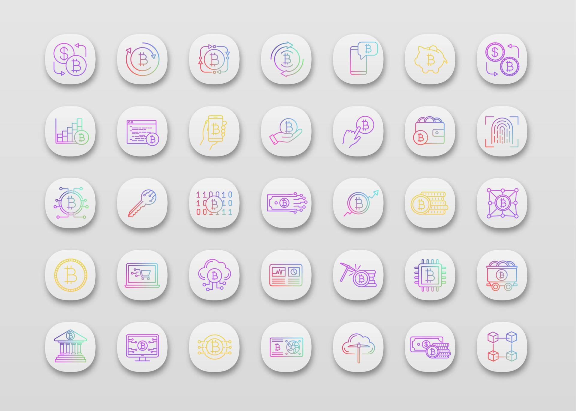 Bitcoin cryptocurrency app icons set. Digital money. Crypto currency. Mining business. Bitcoin ...