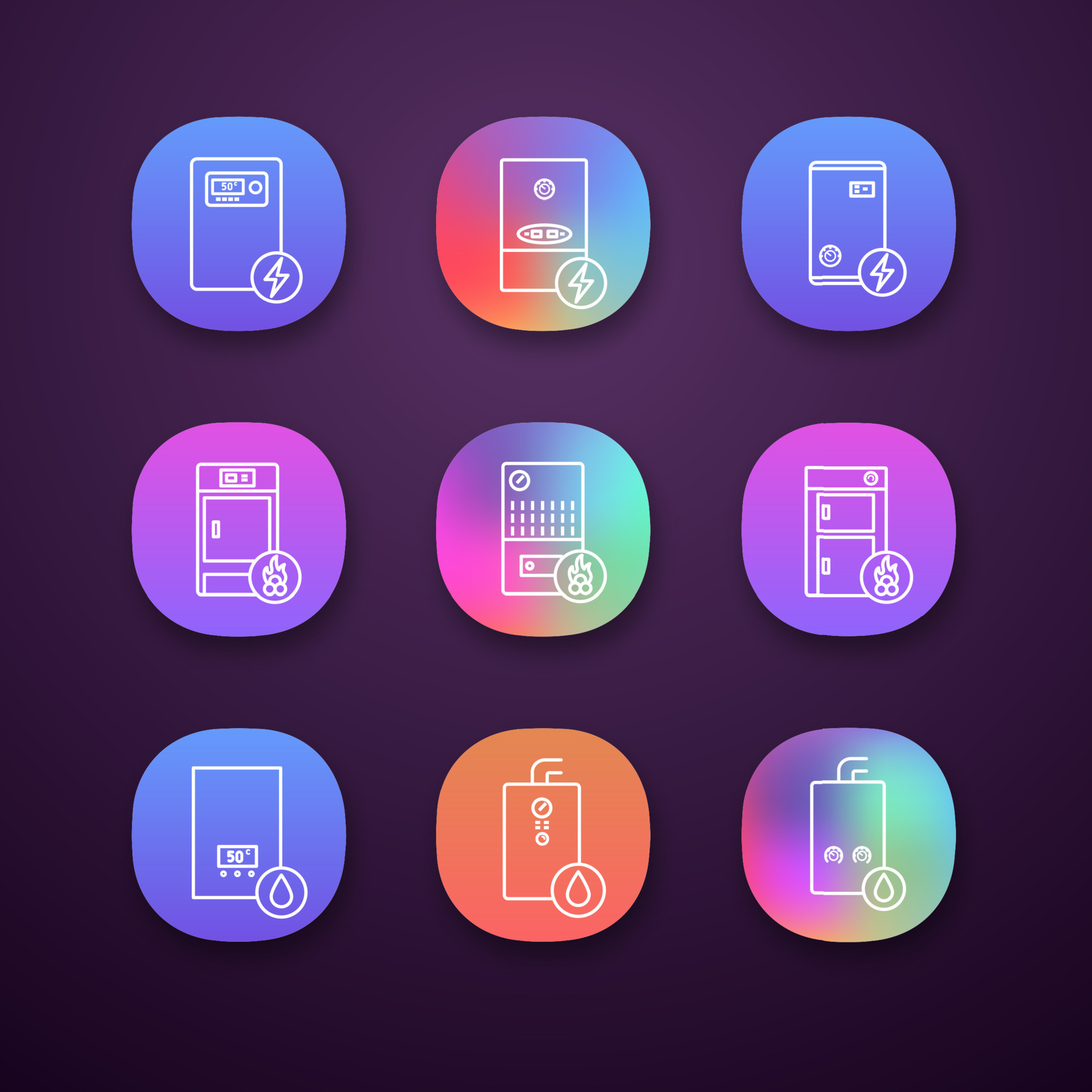 Heating App Icons Set Ui Ux User Interface Gas Electric Solid Fuel