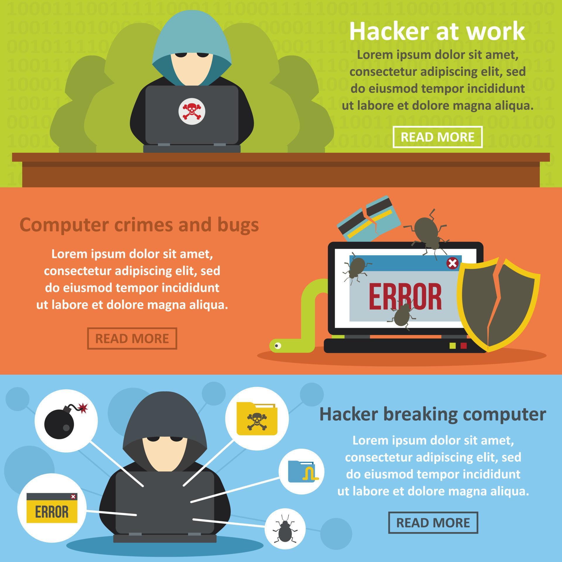 Hacker breaking banner horizontal set, flat style 8778511 Vector Art at ...