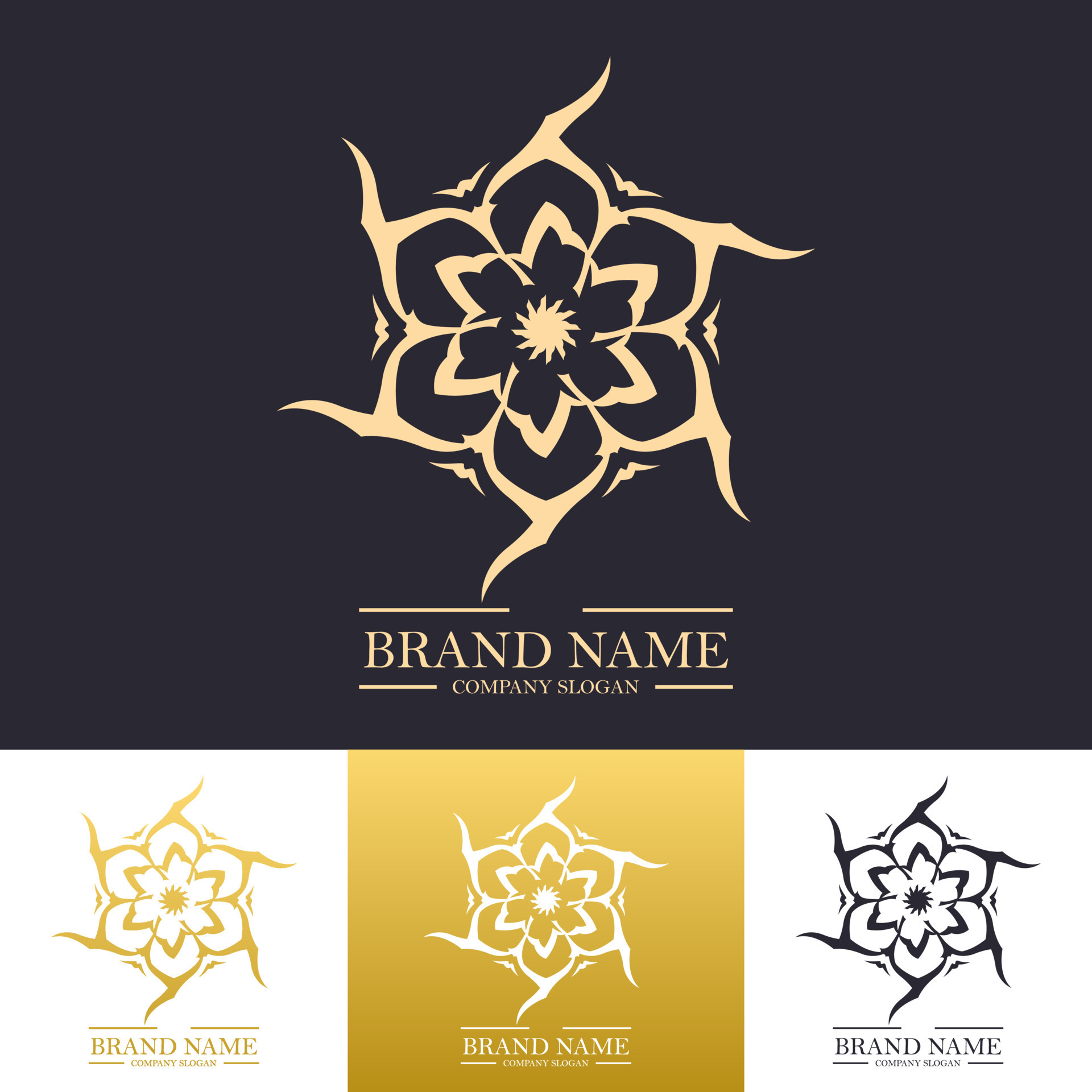 Simple luxury gold round floral logo designs with linear mandala ...