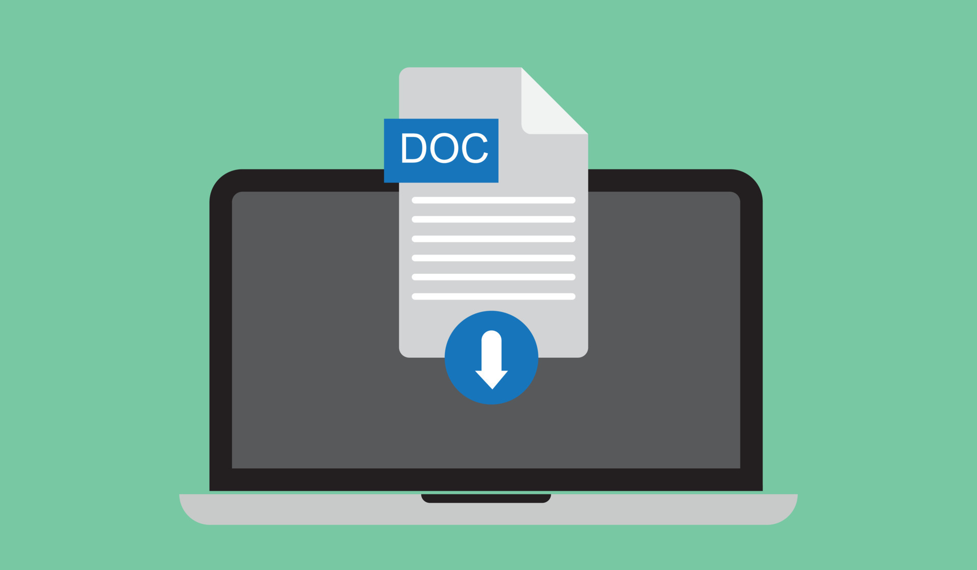DOC icon file with label on laptop screen. Downloading document concept ...