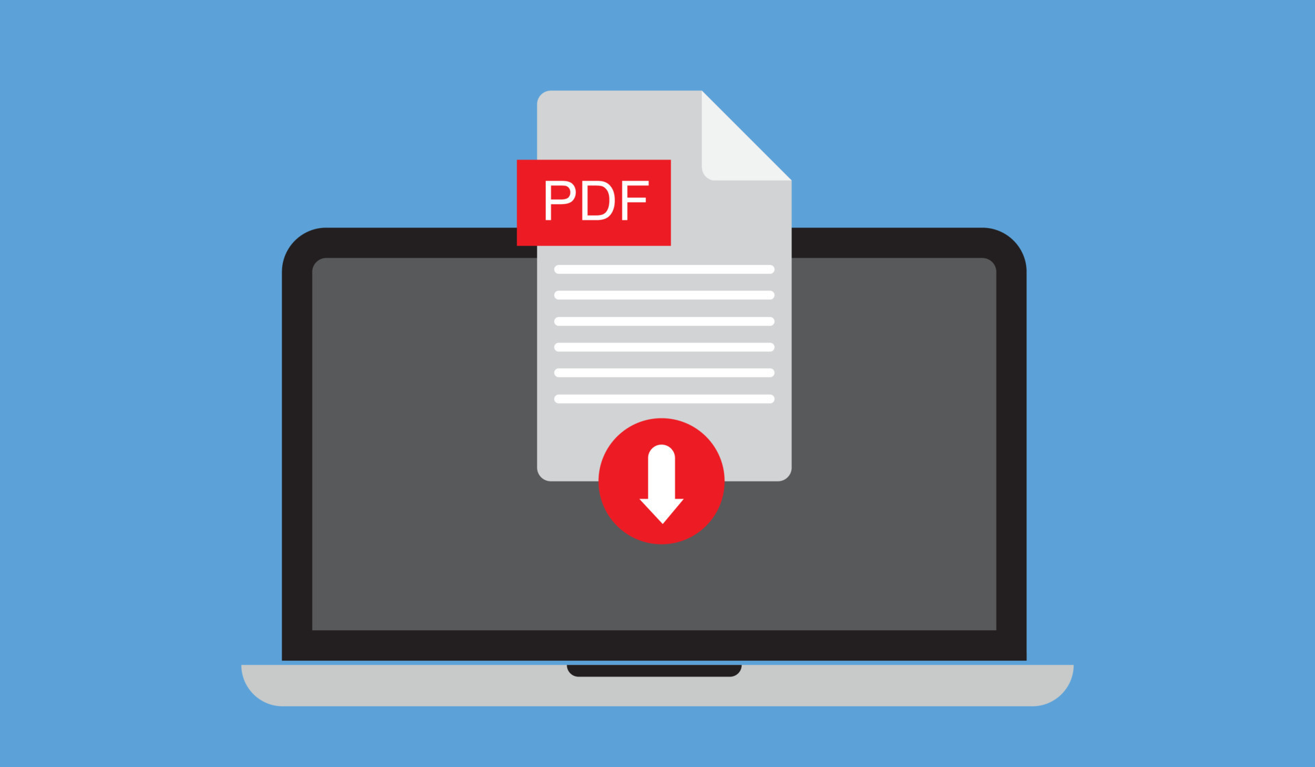 Download PDF icon file with label on laptop screen. Downloading ...