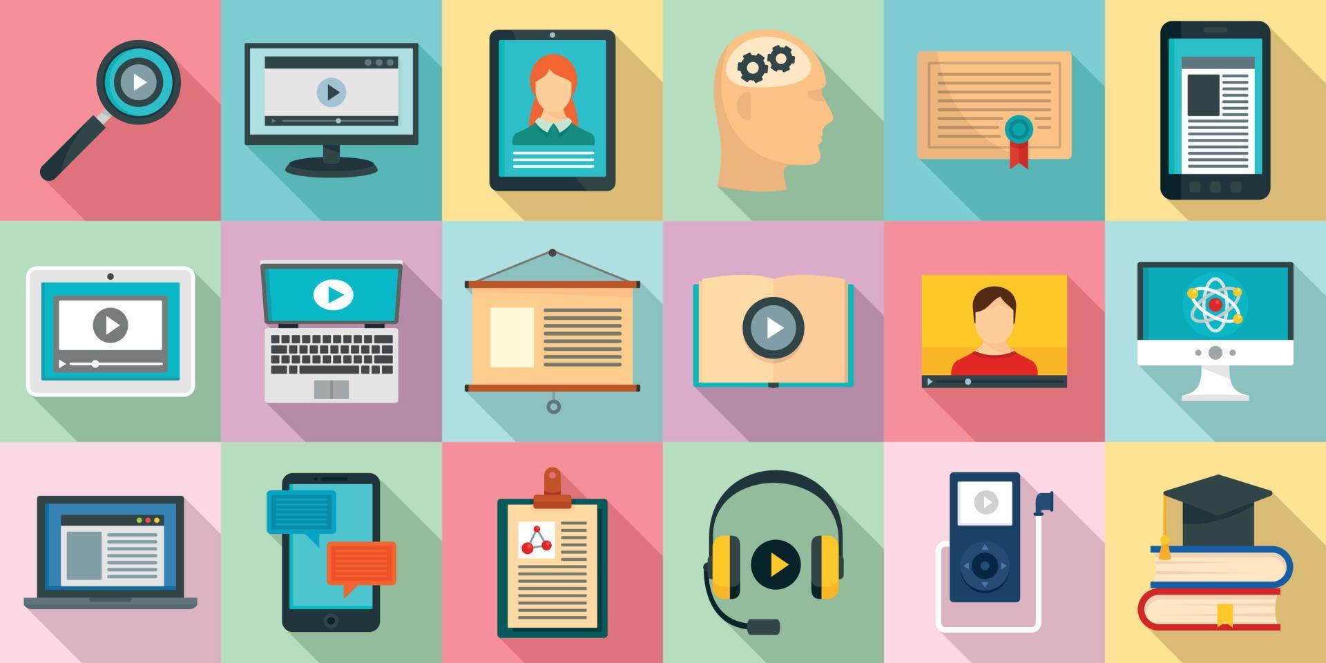 Interactive learning icons set, flat style 8791011 Vector Art at Vecteezy