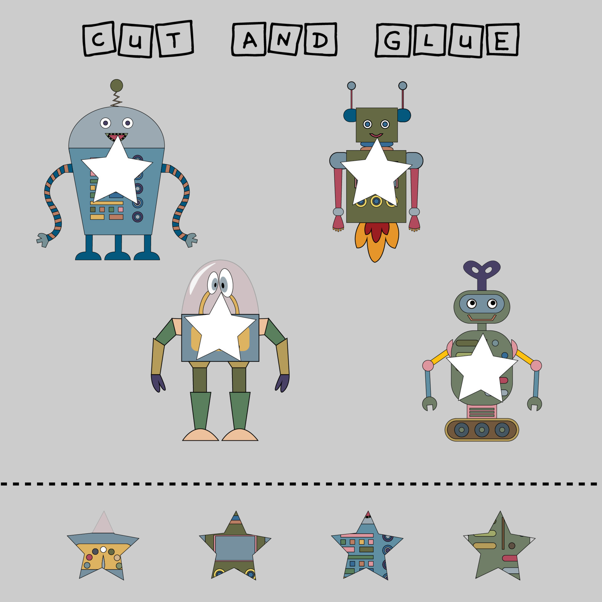 worksheet vector design, the task is to cut and glue a piece on robots ...