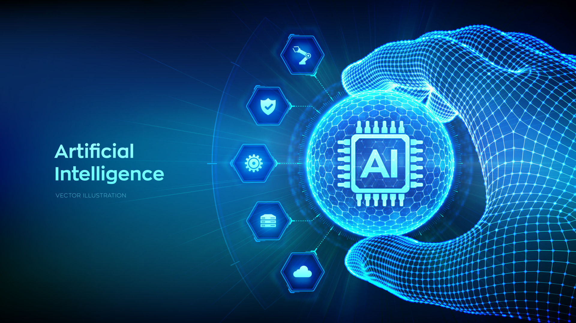 AI. Artificial Intelligence in the shape of sphere with hexagon pattern in wireframe hand ...