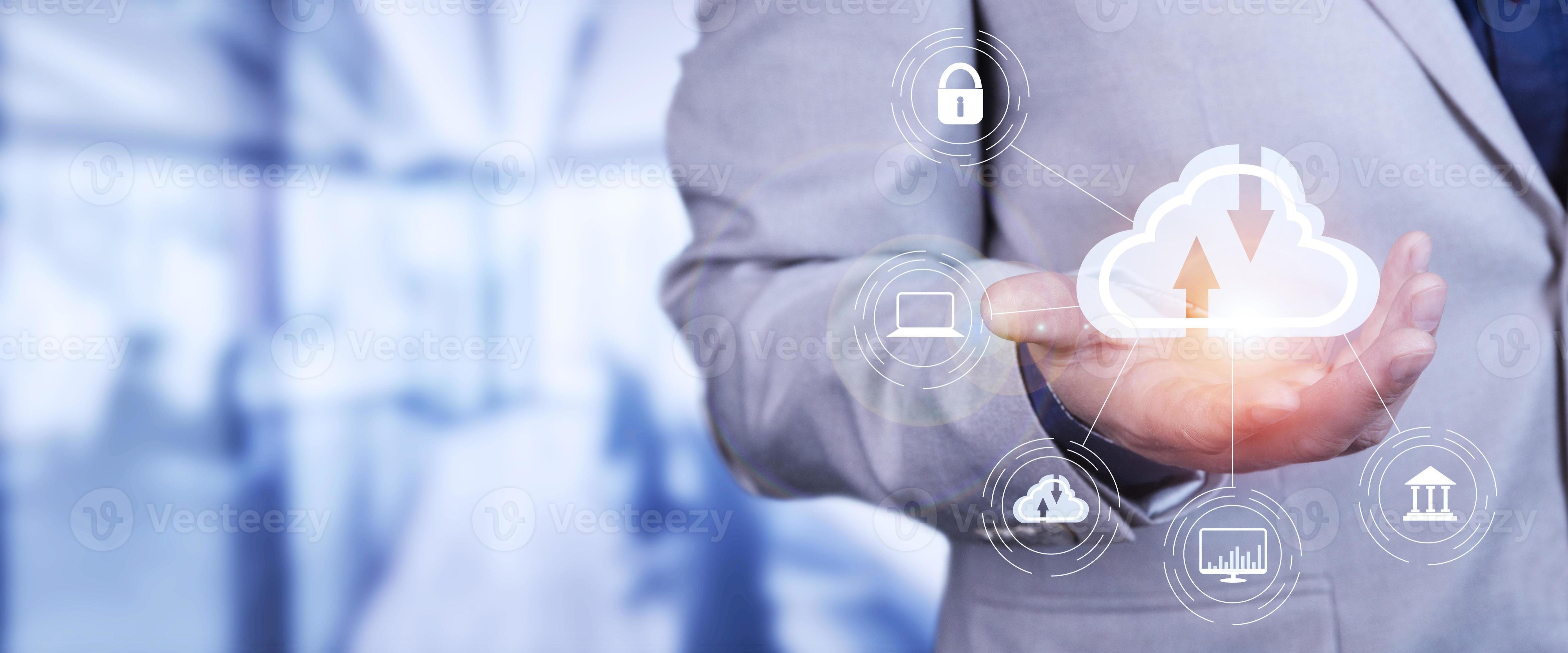 man use Laptop with cloud computing diagram show on hand. Cloud ...