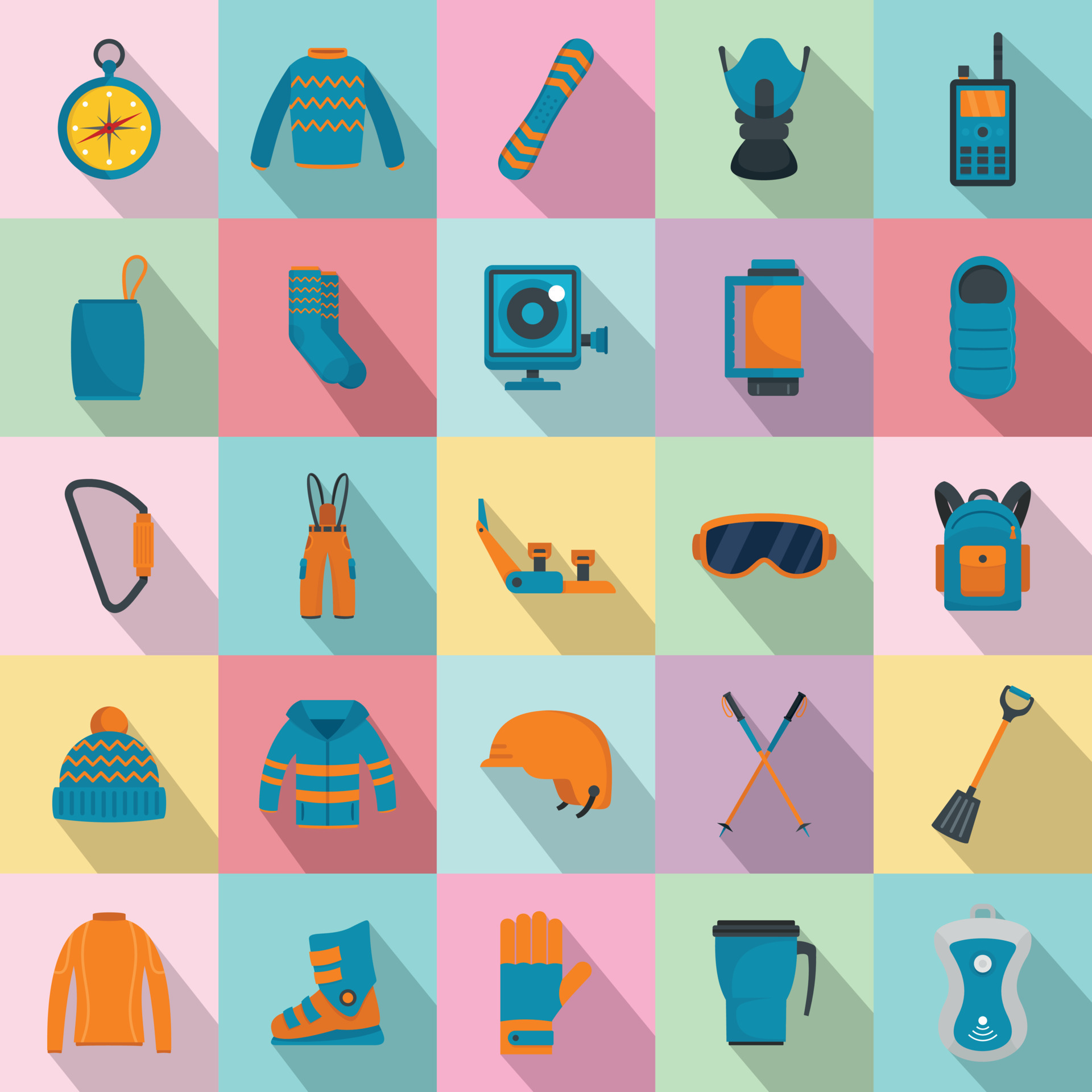 Snowboard equipment winter icons set, flat style 8812881 Vector Art at ...