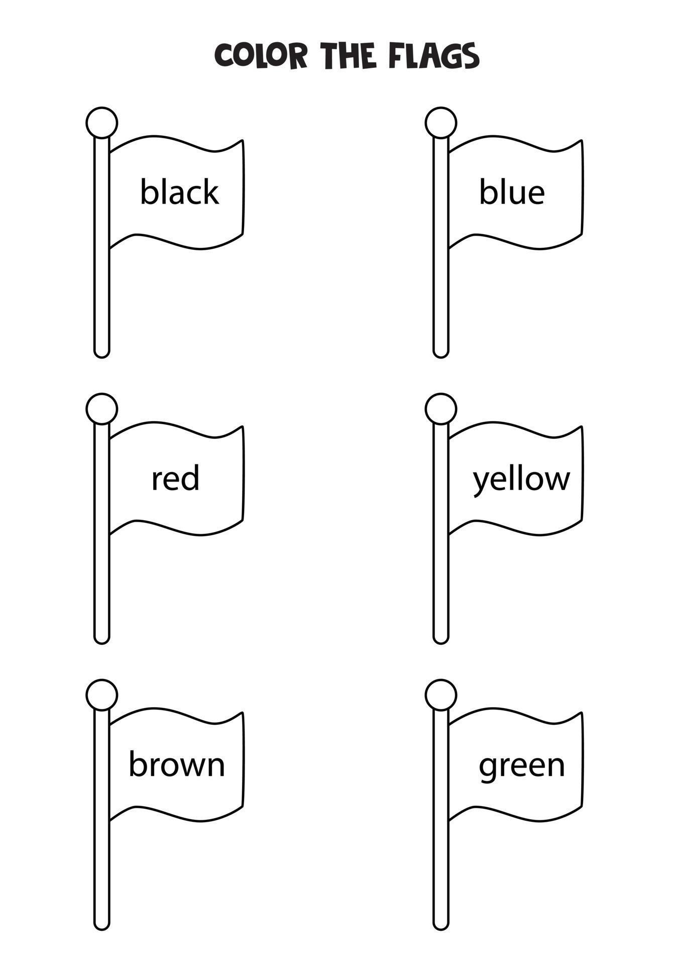 Read names of colors and color flags. Educational worksheet for kids ...
