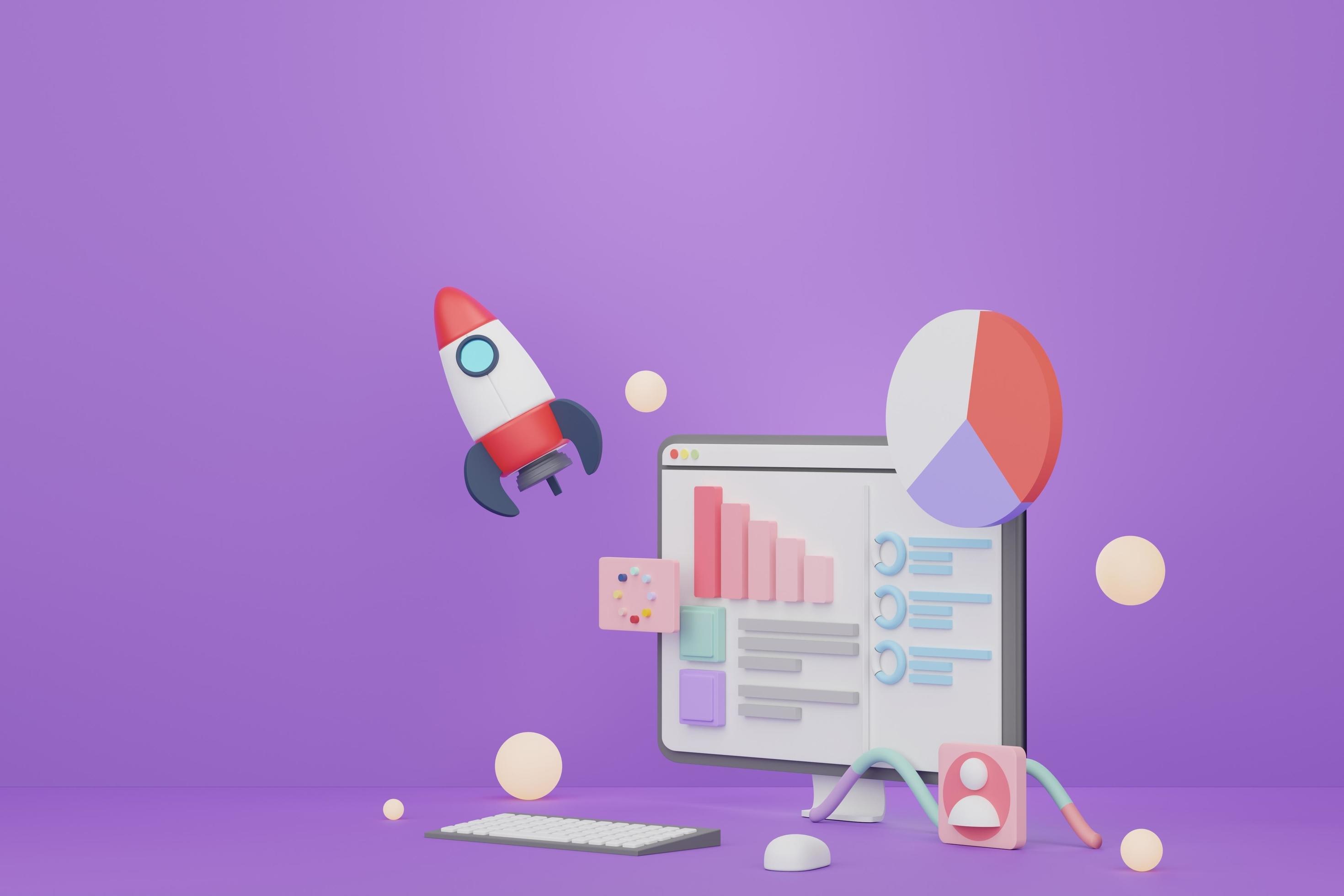 3d render SEO data an analytics. User interface for web banner and mock up. Business graph chart ...