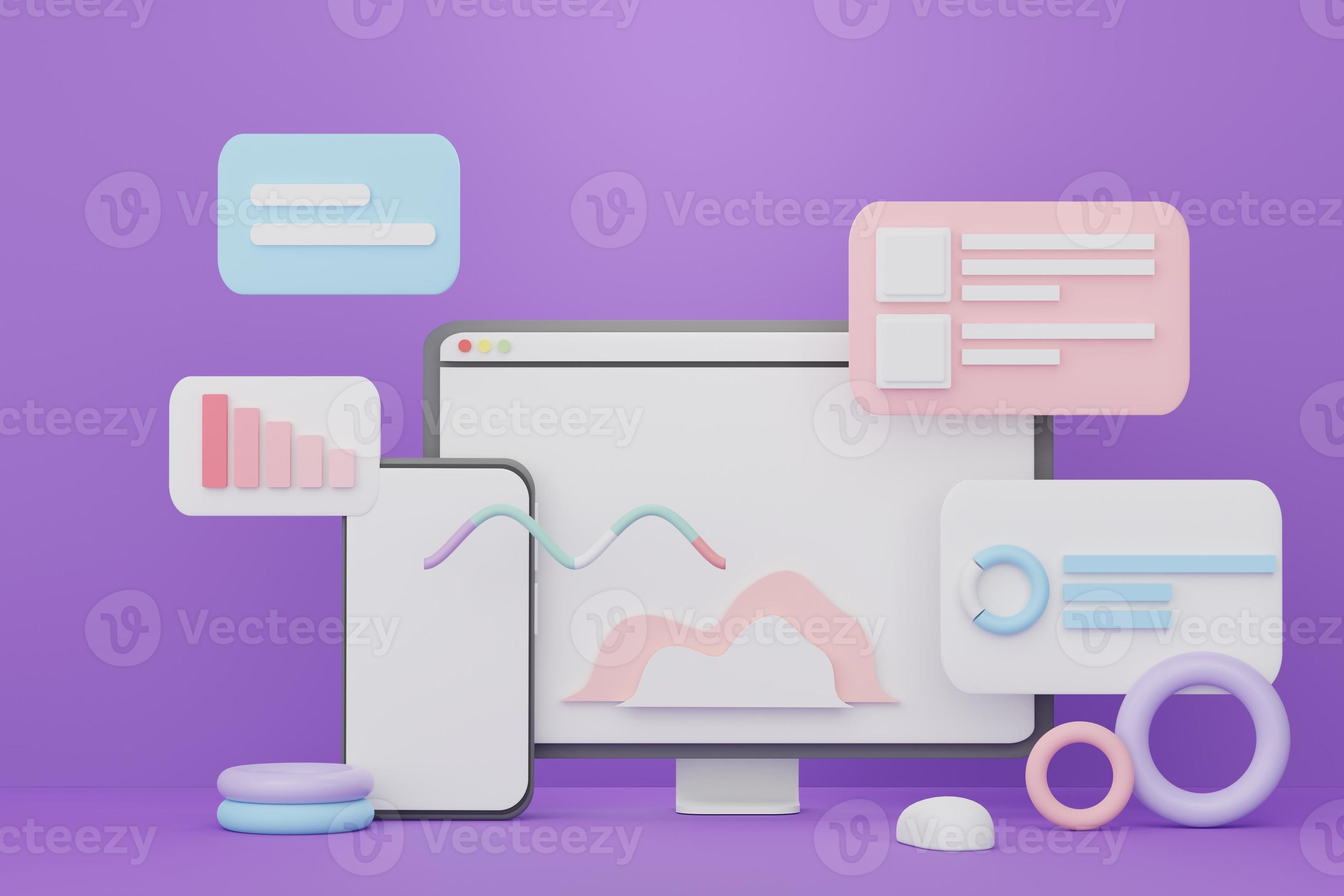 3d render SEO data an analytics. User interface for web banner and mock up. Business graph chart ...