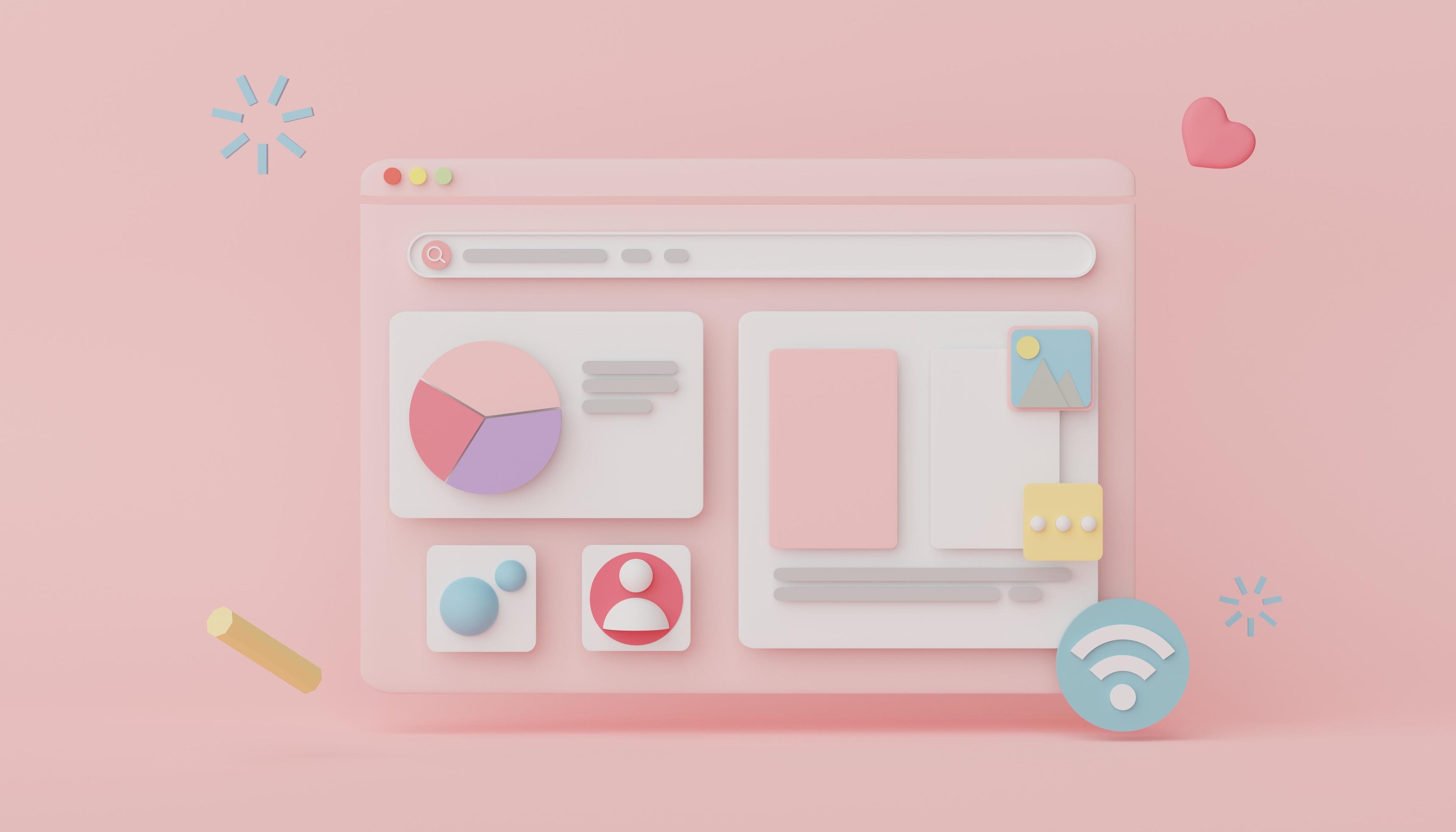 3d render SEO data an analytics. User interface for web banner and mock up. Business graph chart ...