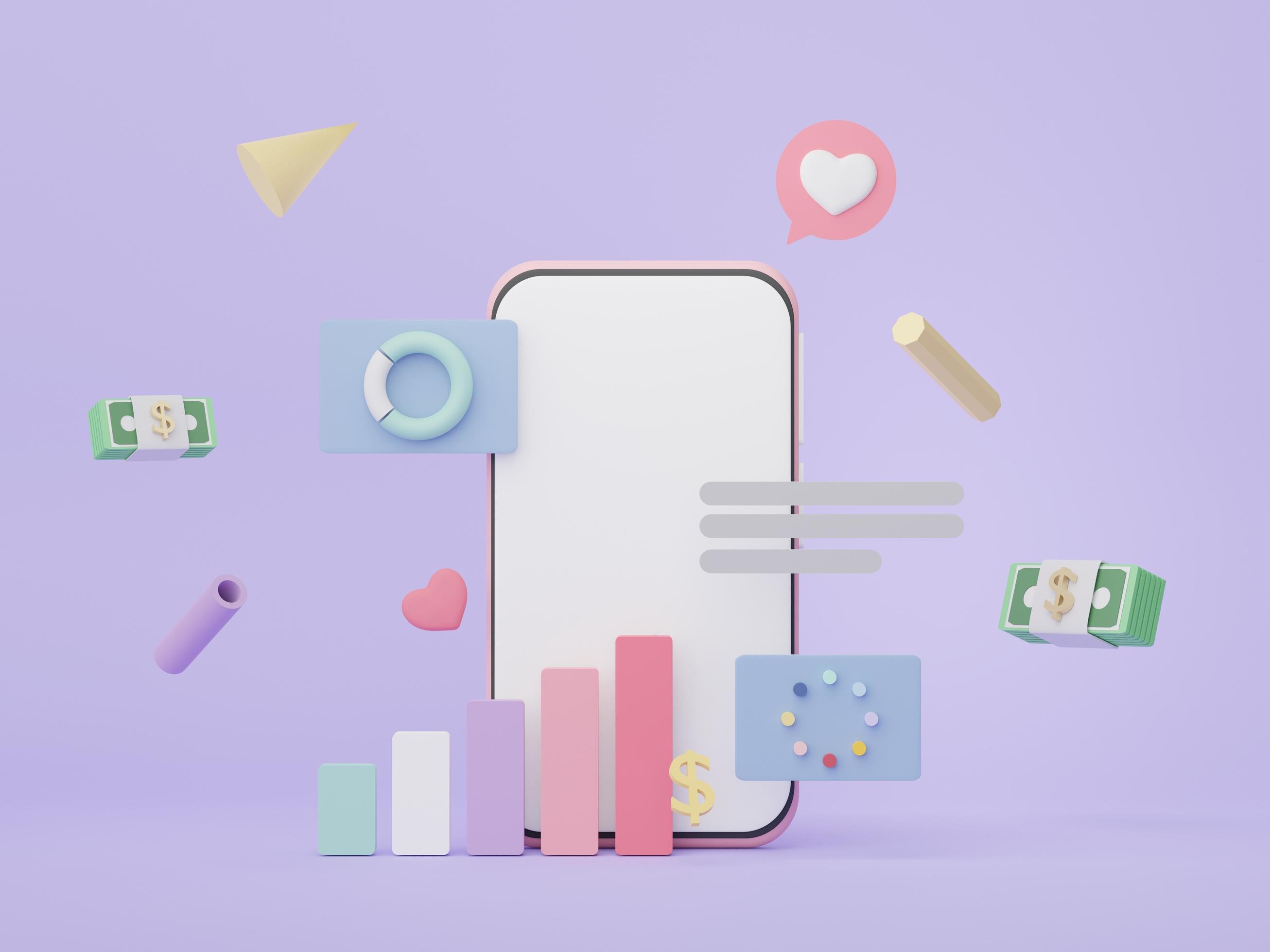 3d render SEO data an analytics. User interface for web banner and mock up. Business graph chart ...