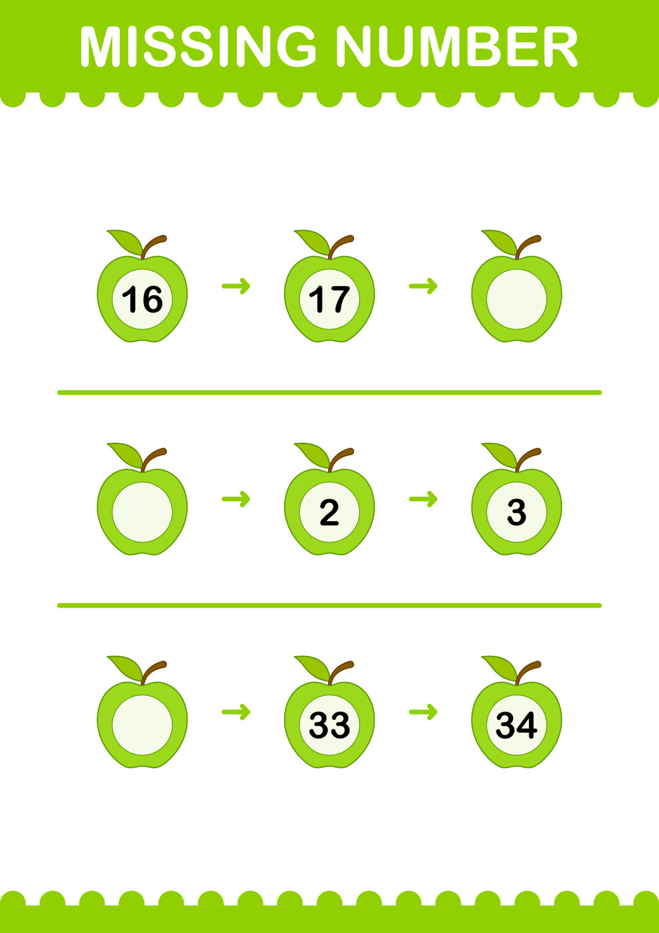 Missing number with Apple. Worksheet for kids 8828078 Vector Art at ...