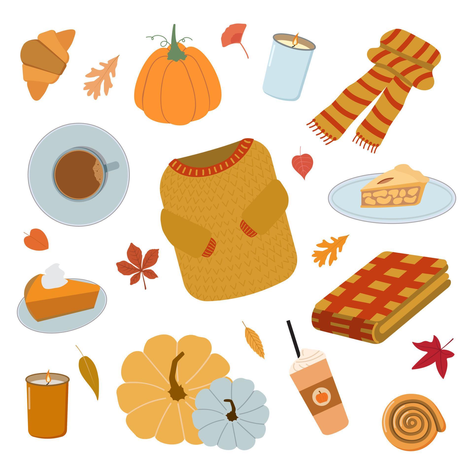 Cozy autumn weather set of elements. Knitted sweater, scarf, folded ...